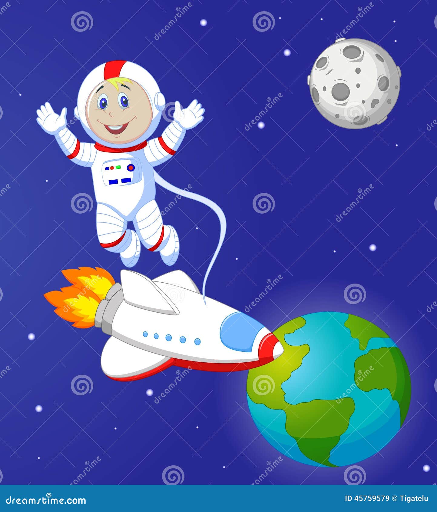 Astronaut Cartoon Happy Boy In Blue Scanfand Flying In The Space With A ...