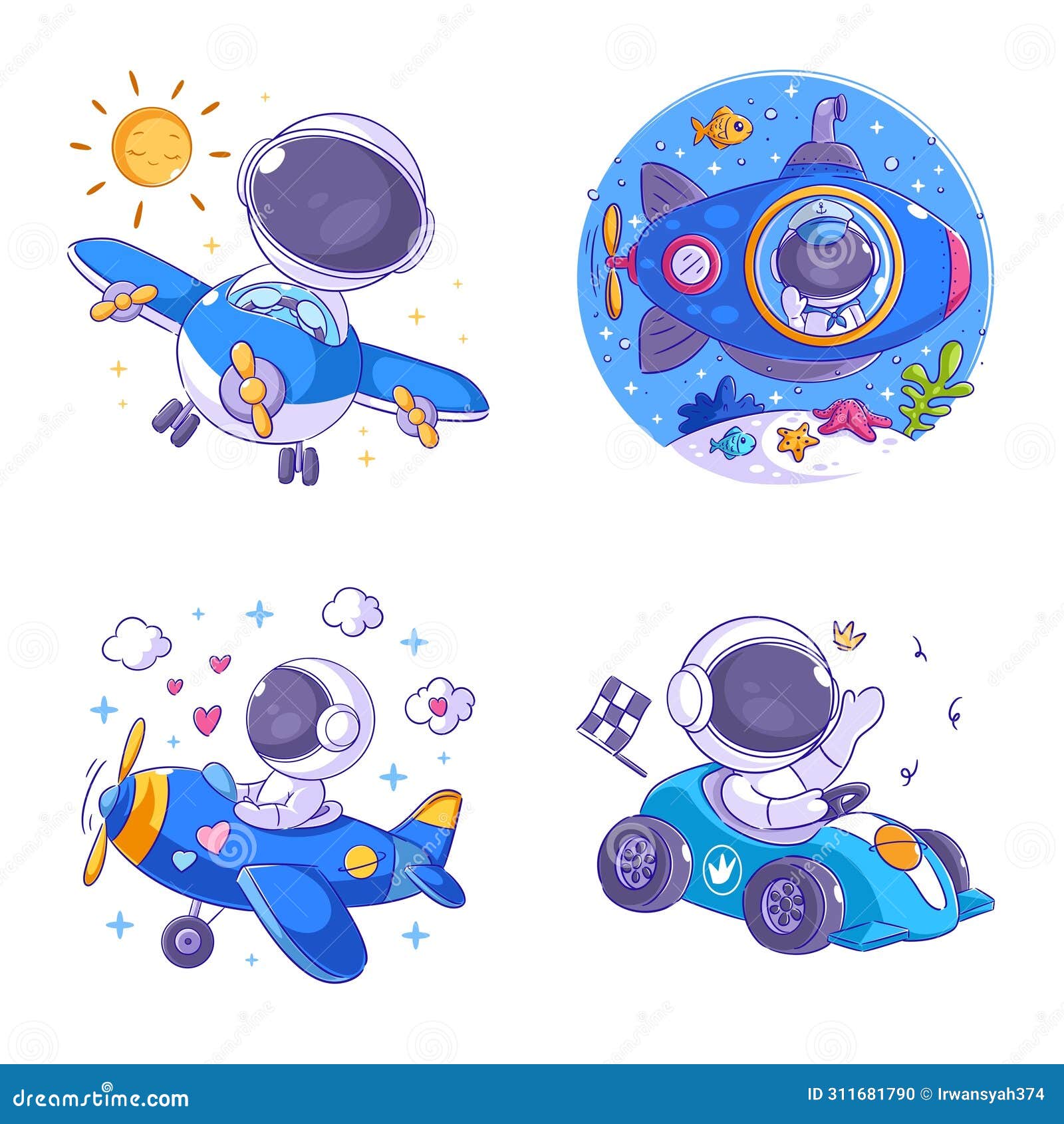 Cute Astronaut Driving a Plane, Cartoon Style Set Stock Vector ...