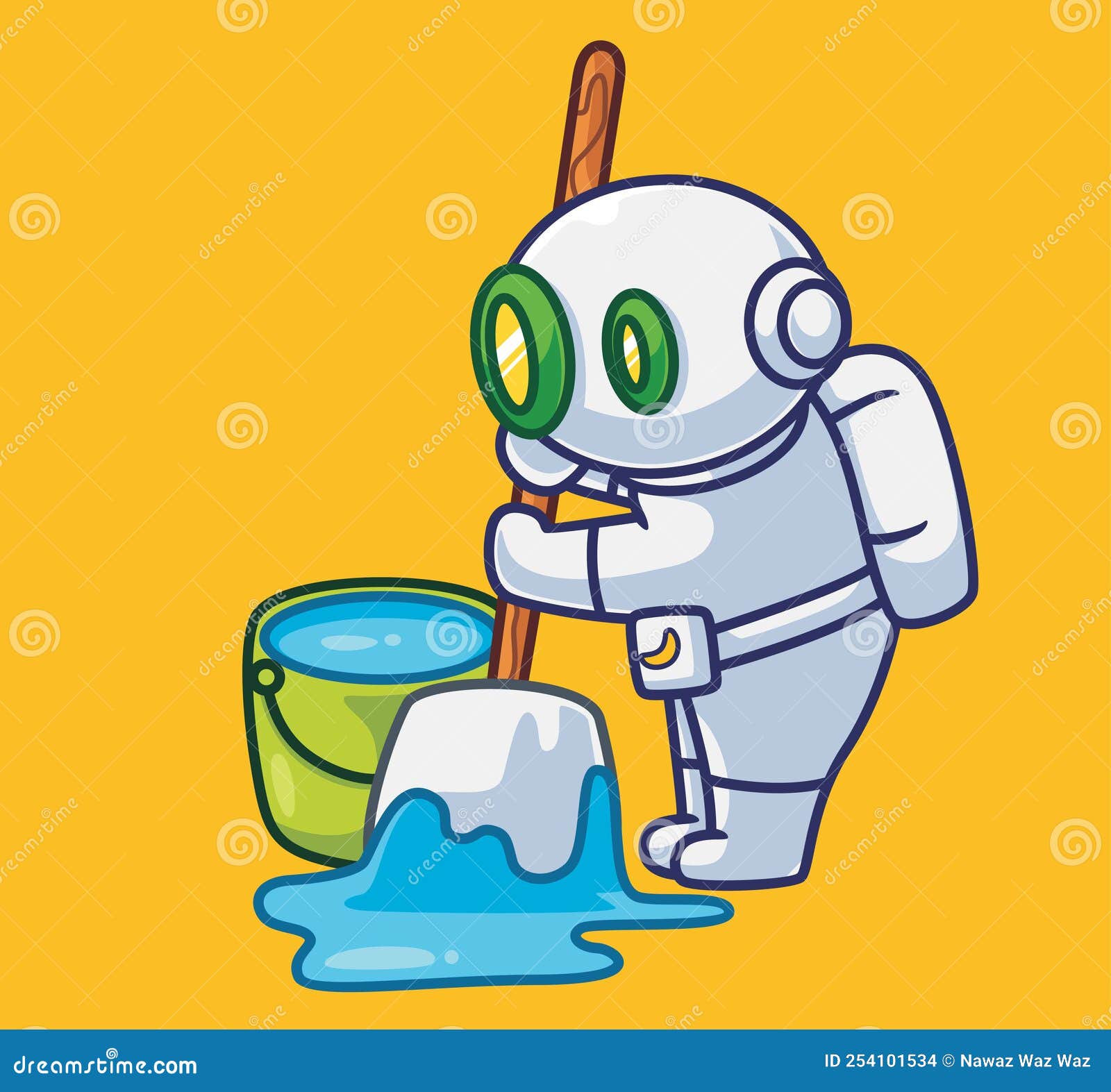 Cute Astronaut Robot Mopping a Floor Stock Illustration - Illustration ...