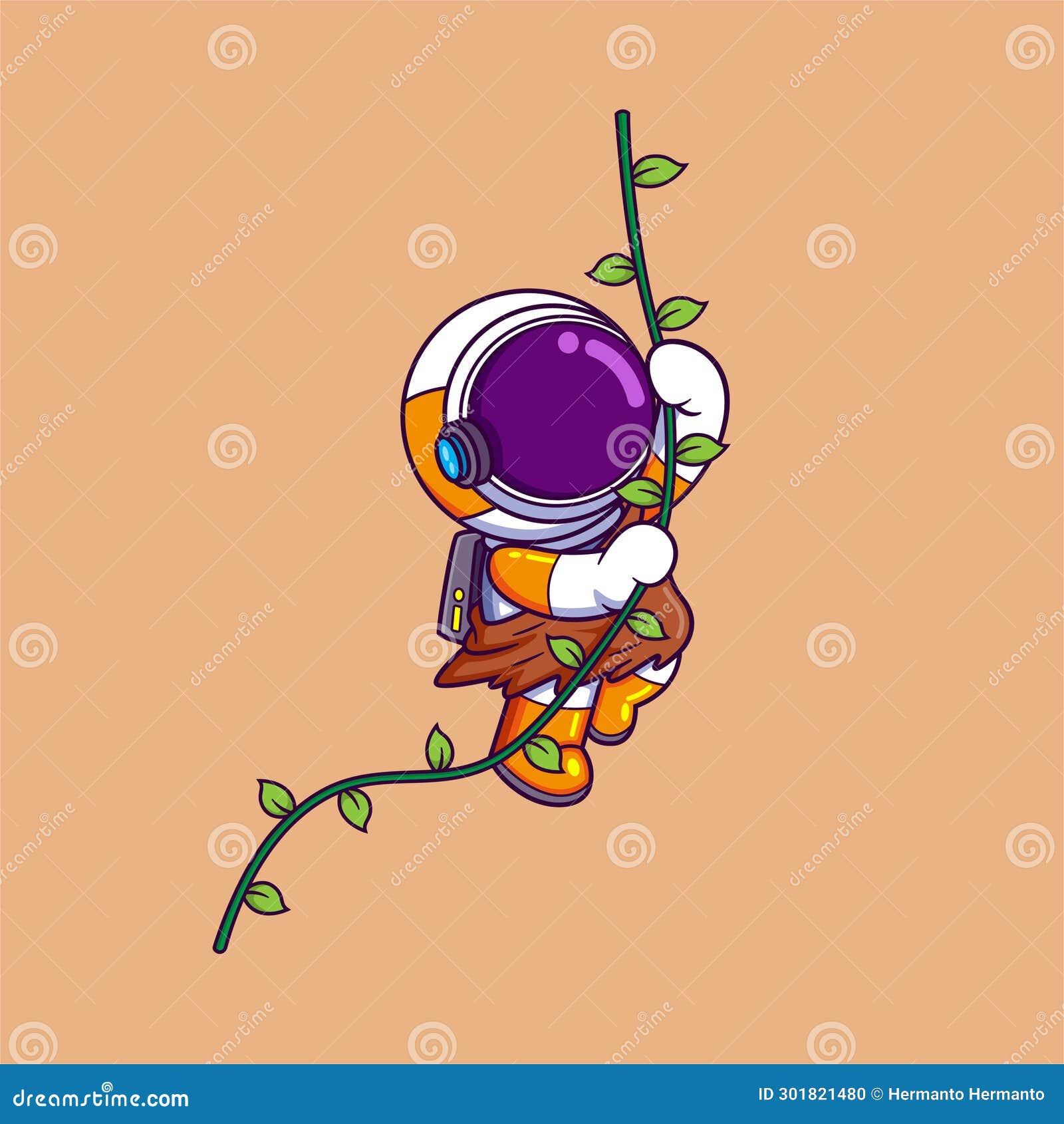 Cute Astronaut Swinging with Root Rope in Jungle. Science Technology ...