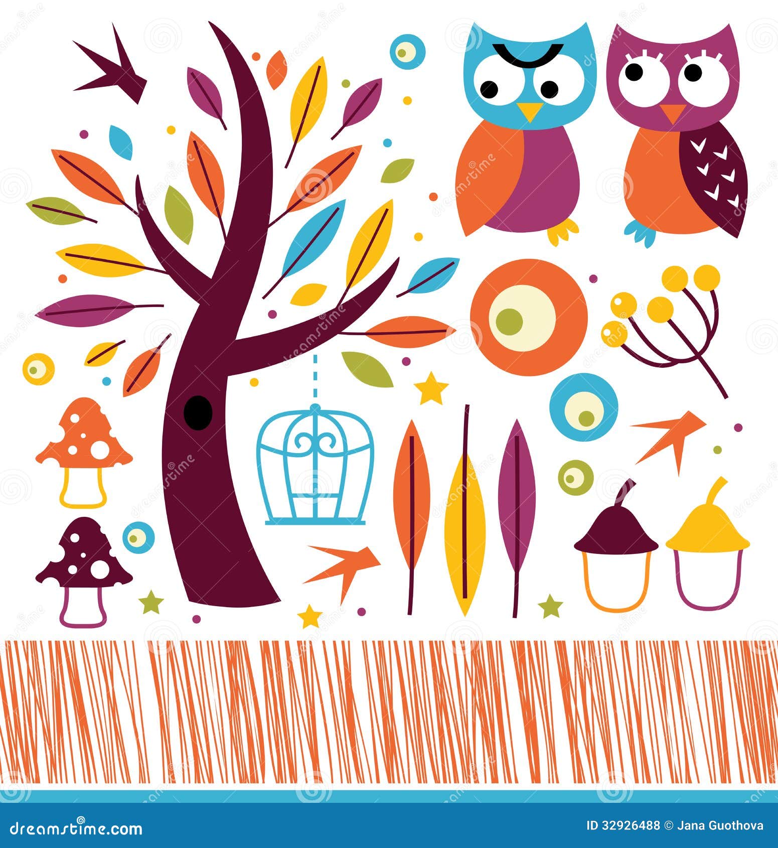 Cute Autumn Owls and Design Elements Stock Vector - Illustration of ...