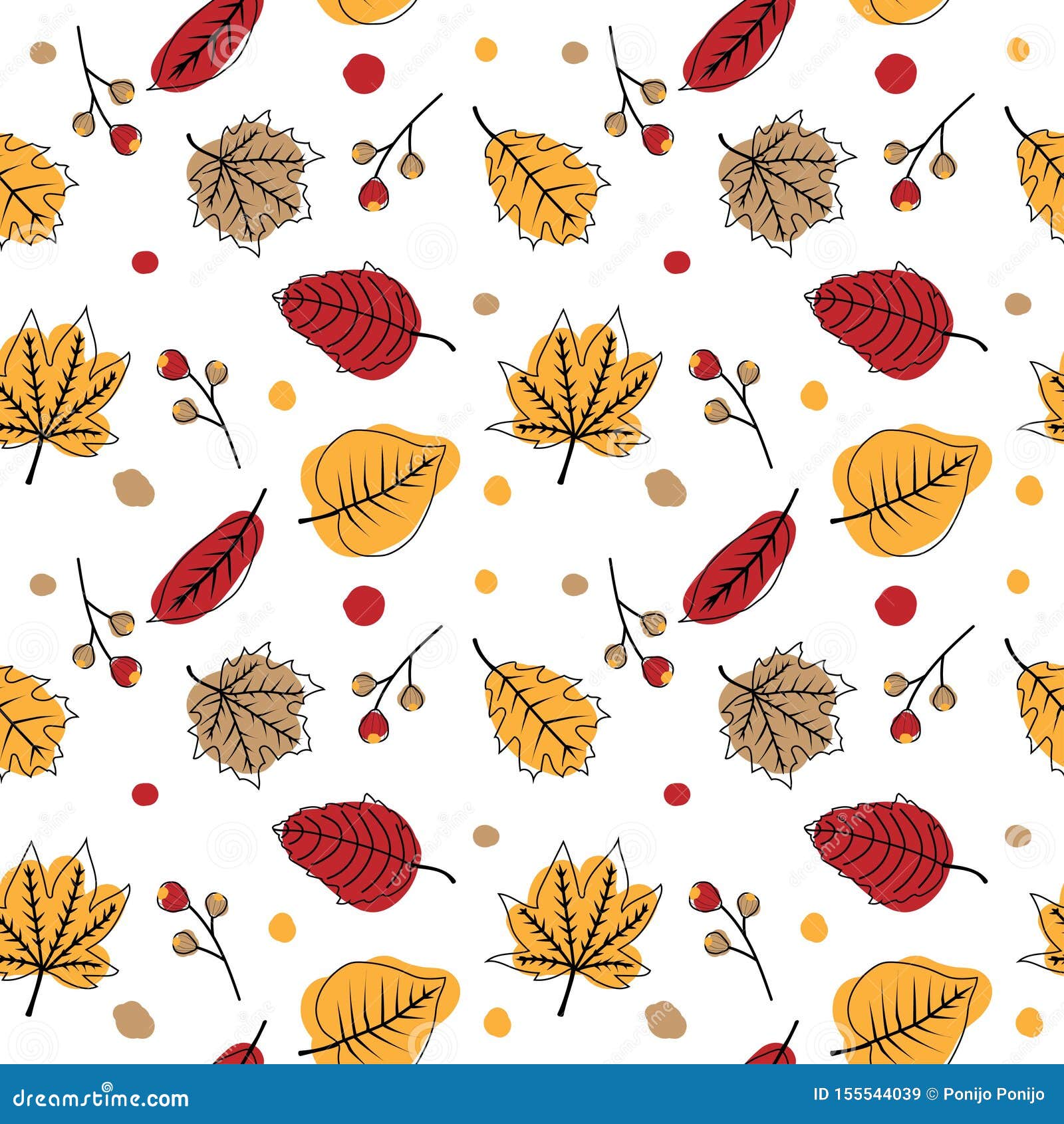 Cute Autumn Seamless Pattern with Hand Drawing Dry Leaves Stock Vector ...