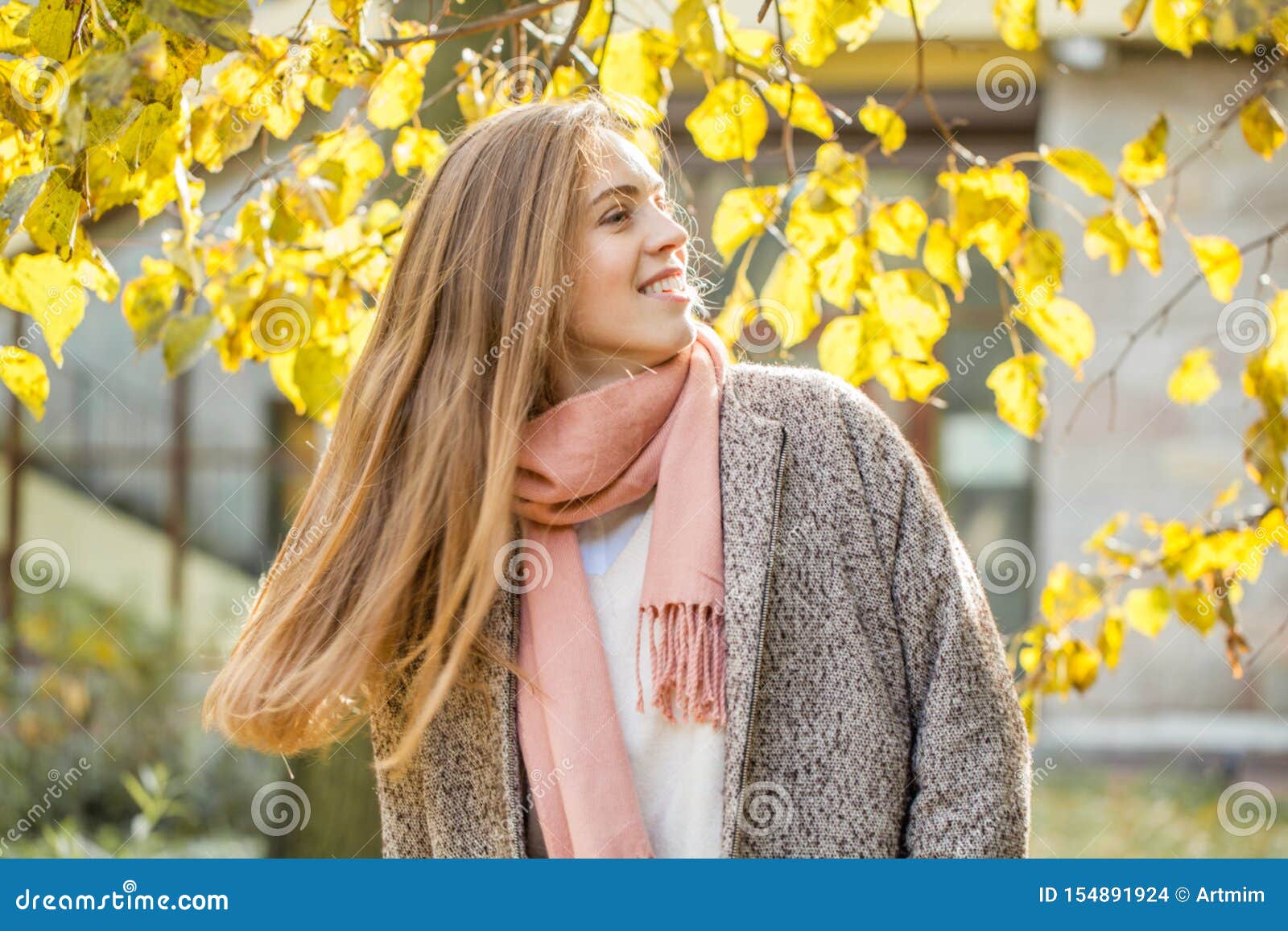Cute Autumn Woman Smiling And Looking At Sun Romantic Girl In Fall