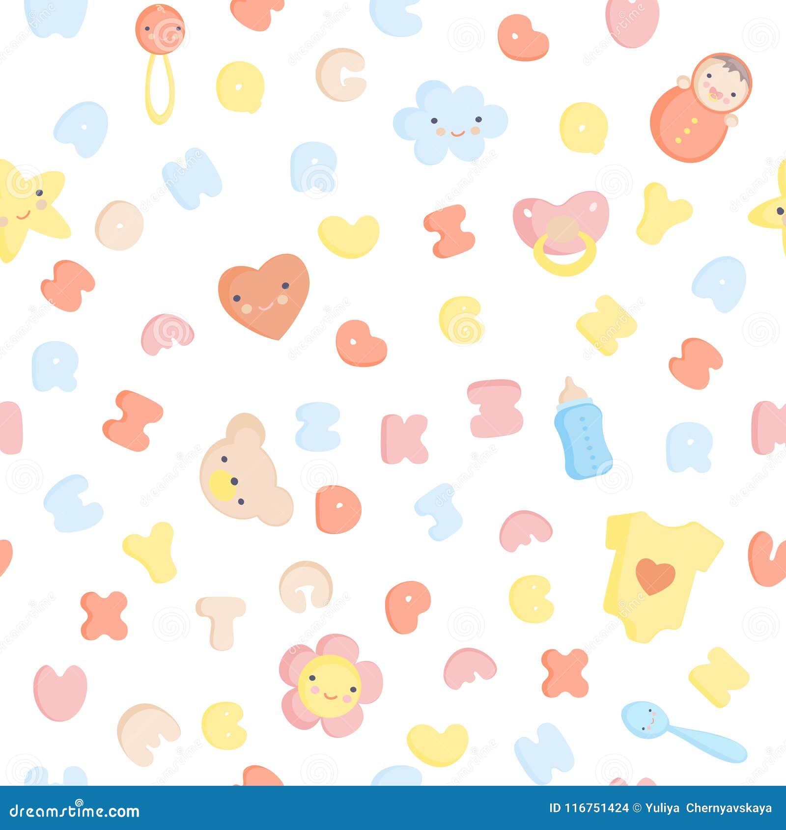 Cute Baby Alphabet and Elements Vector Seamless Pattern Stock Vector ...