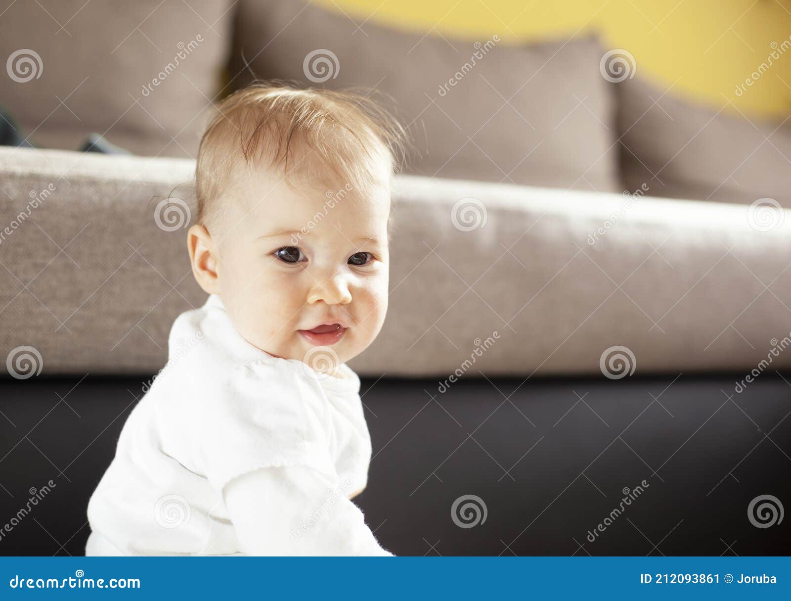 Cute baby at bad in room stock image. Image of female - 212093861