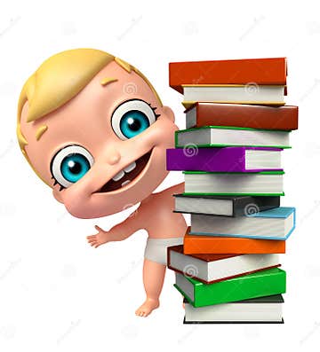 Cute baby with Book stack stock illustration. Illustration of isolated ...