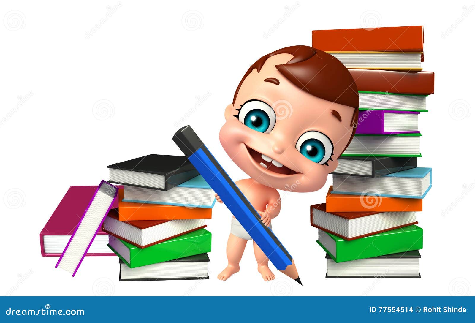 Cute Baby with Book Stack and Pencil Stock Illustration - Illustration ...