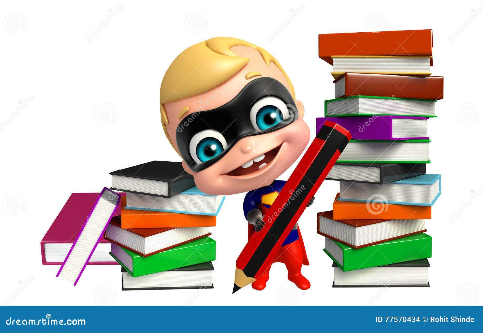 Cute Baby with Book Stack and Pencil Stock Illustration - Illustration ...