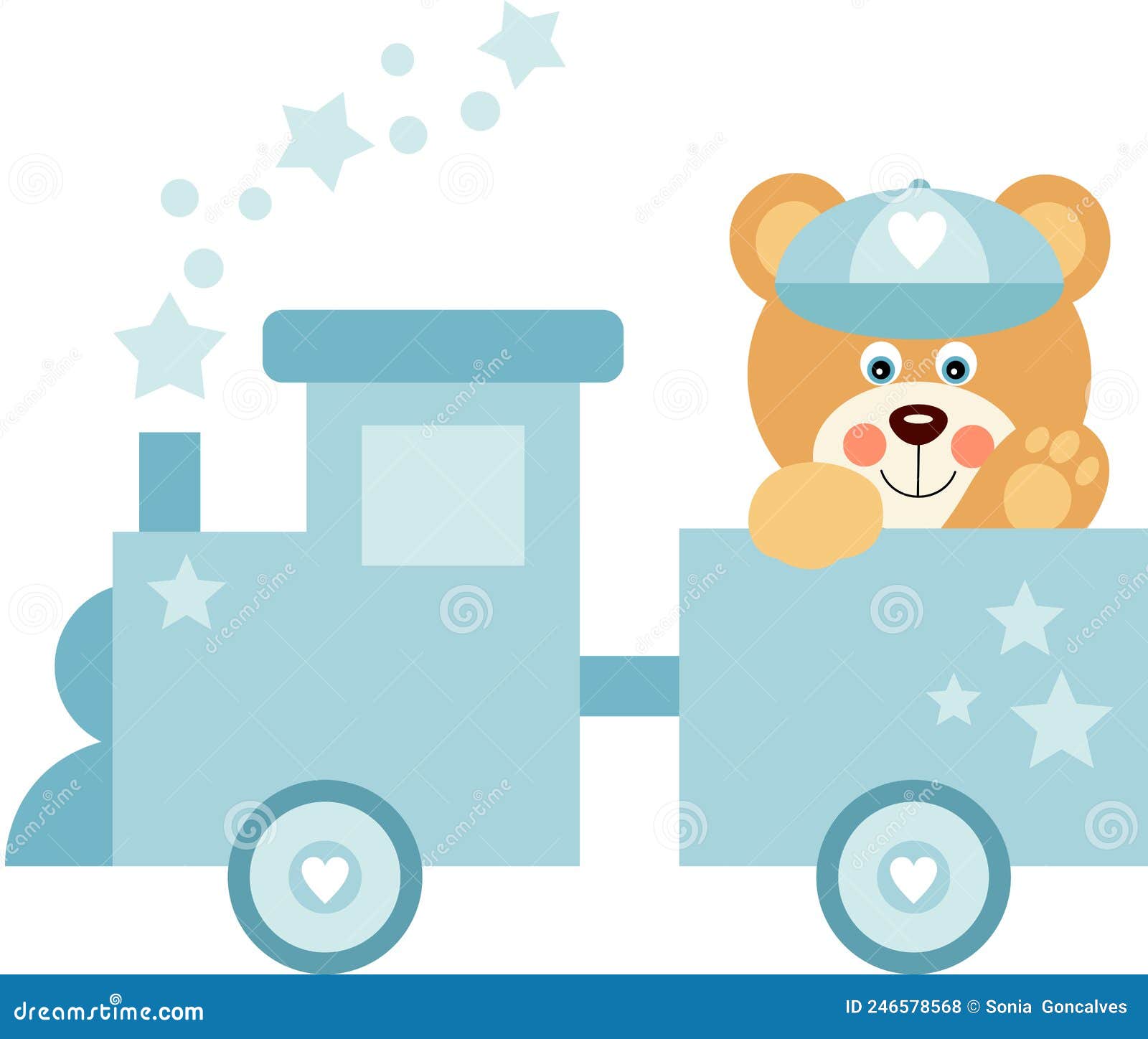 Cute Baby Boy Teddy Bear on Blue Toy Train Stock Vector - Illustration ...