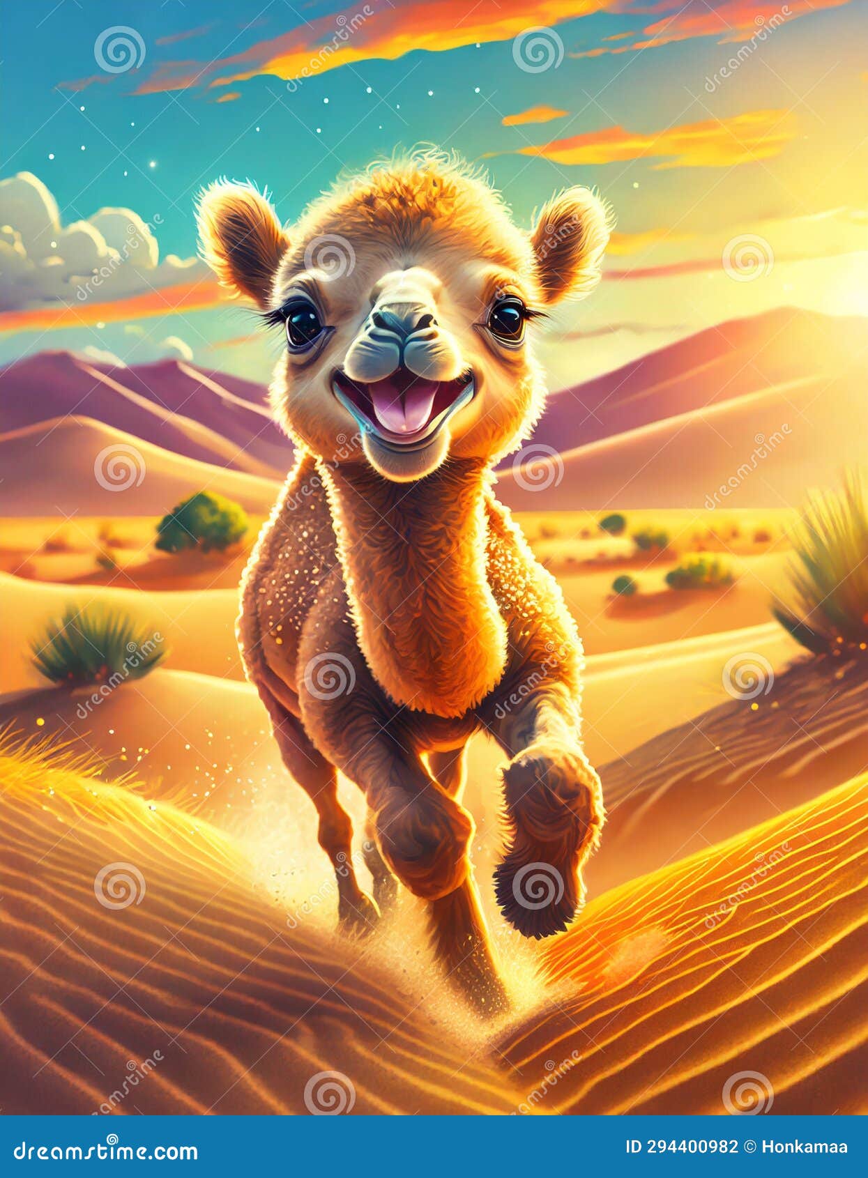 Cute Baby Camel Running and Smiling through the Desert. Stock ...