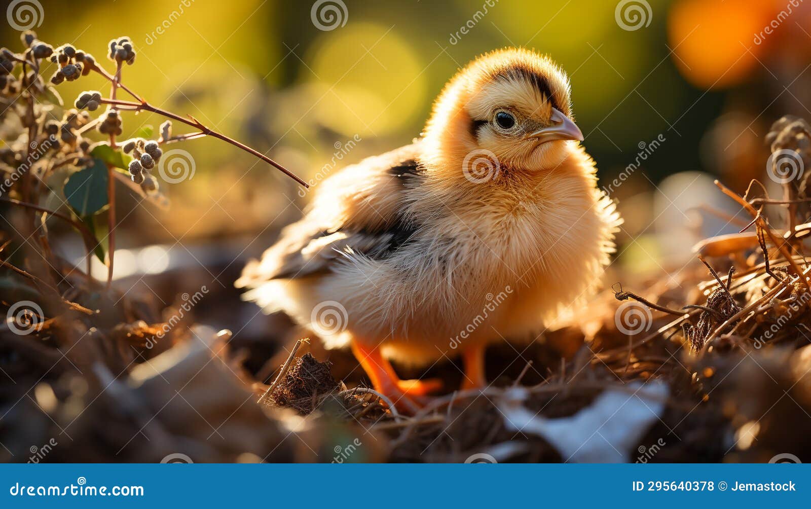 Cute Baby Chicken Standing on Branch in Sunlight Generated by AI Stock ...