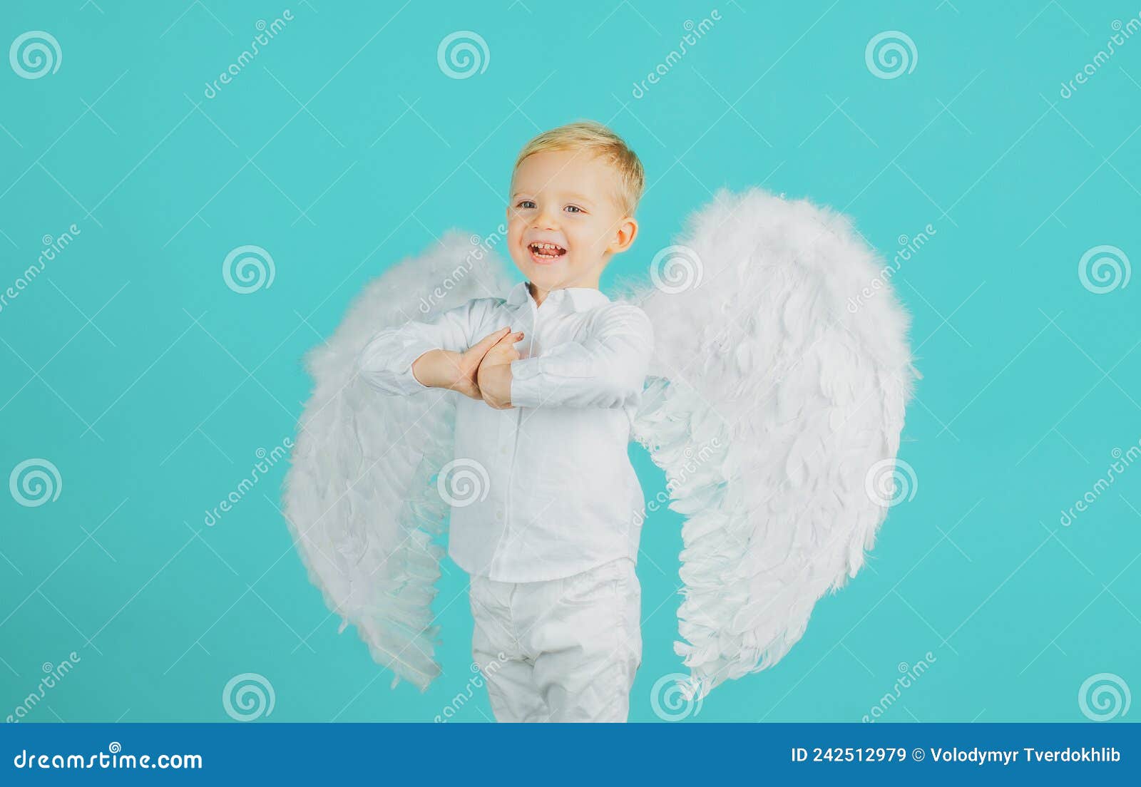 Cute Baby Child with Angel Wings, Isolated on Blue. Stock Image - Image ...
