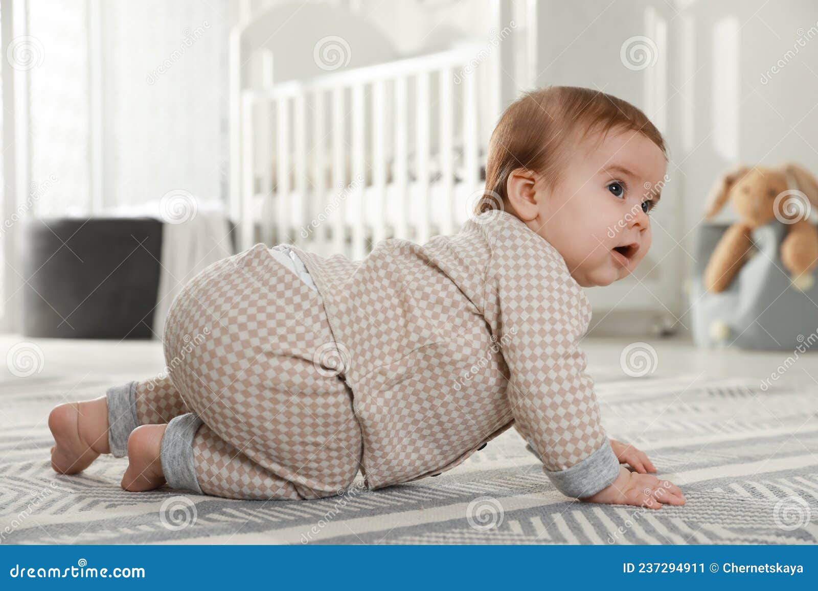 Cute Baby Crawling on Floor at Home Stock Image - Image of funny ...
