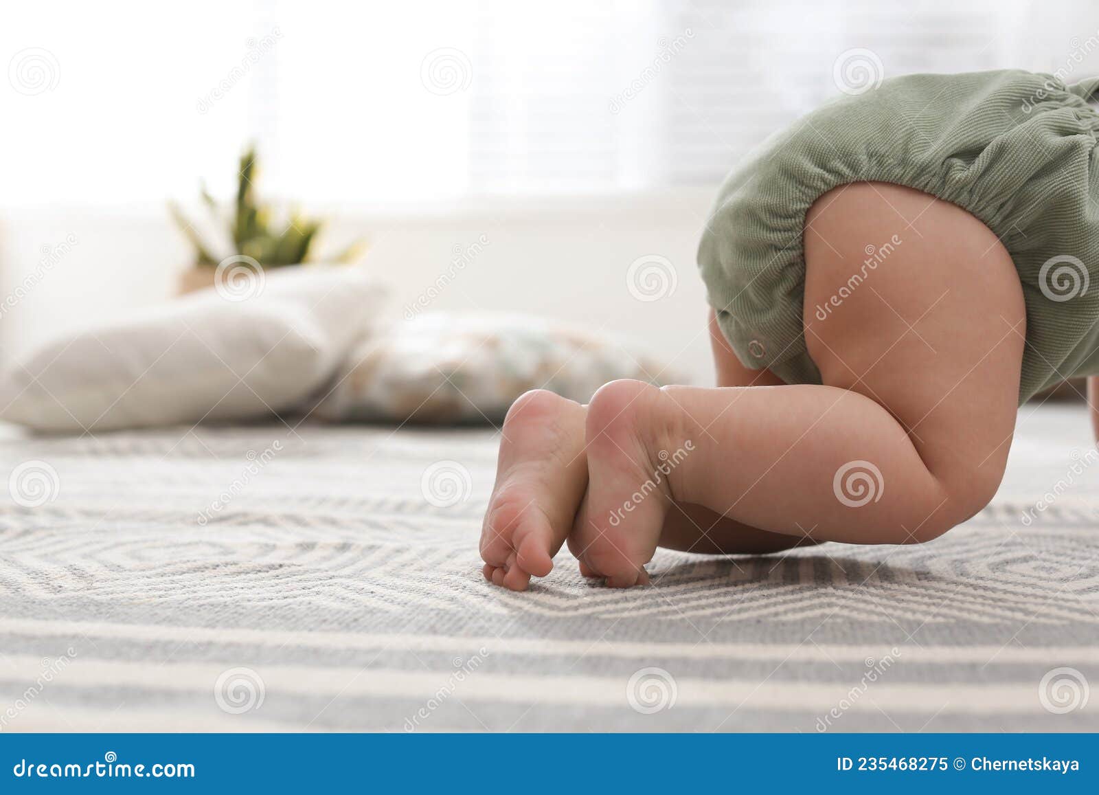 Cute Baby Crawling on Floor at Home, Closeup Stock Image - Image of ...