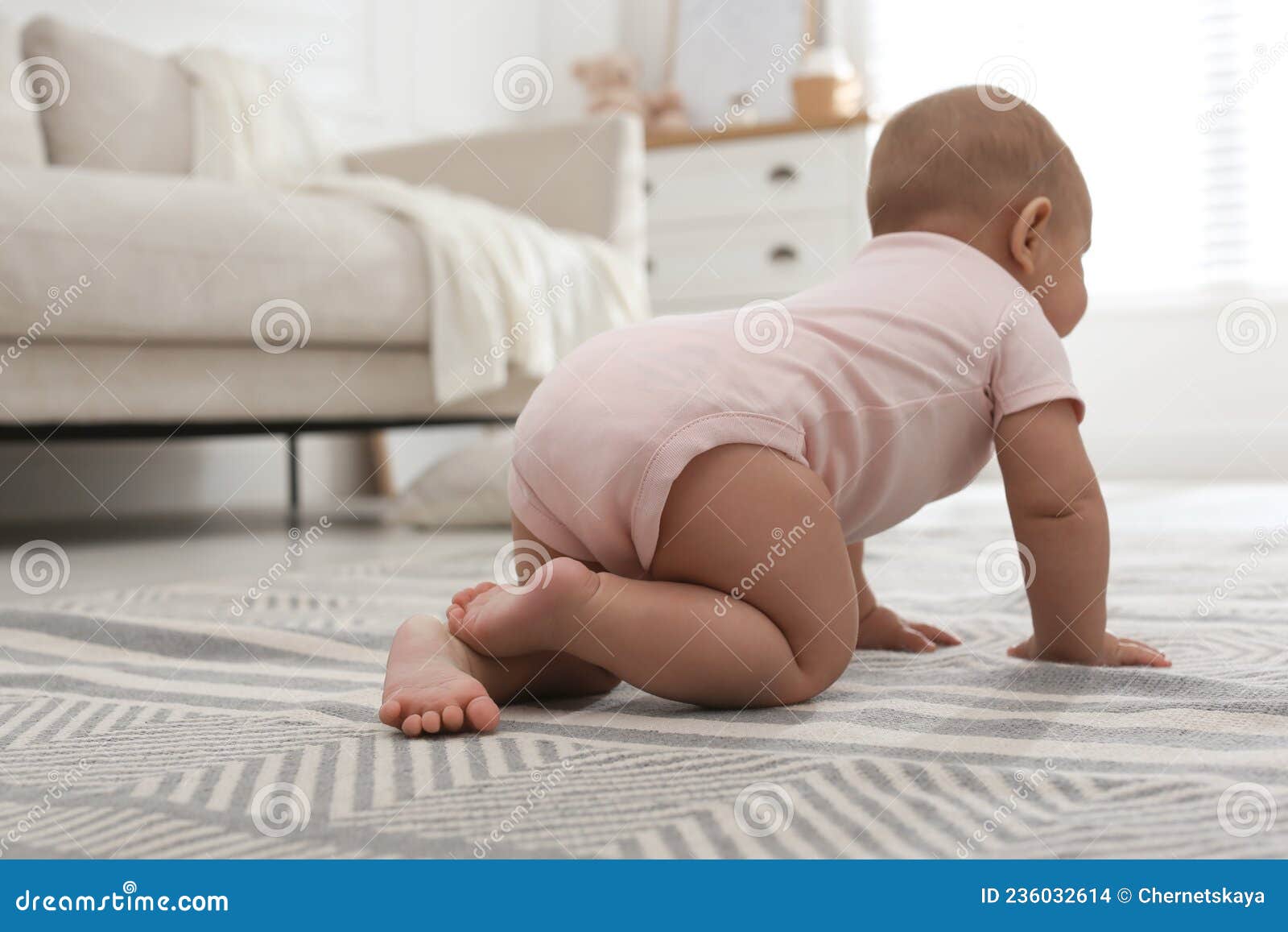 Cute Baby Crawling at Home, Focus on Legs Stock Photo - Image of infant ...