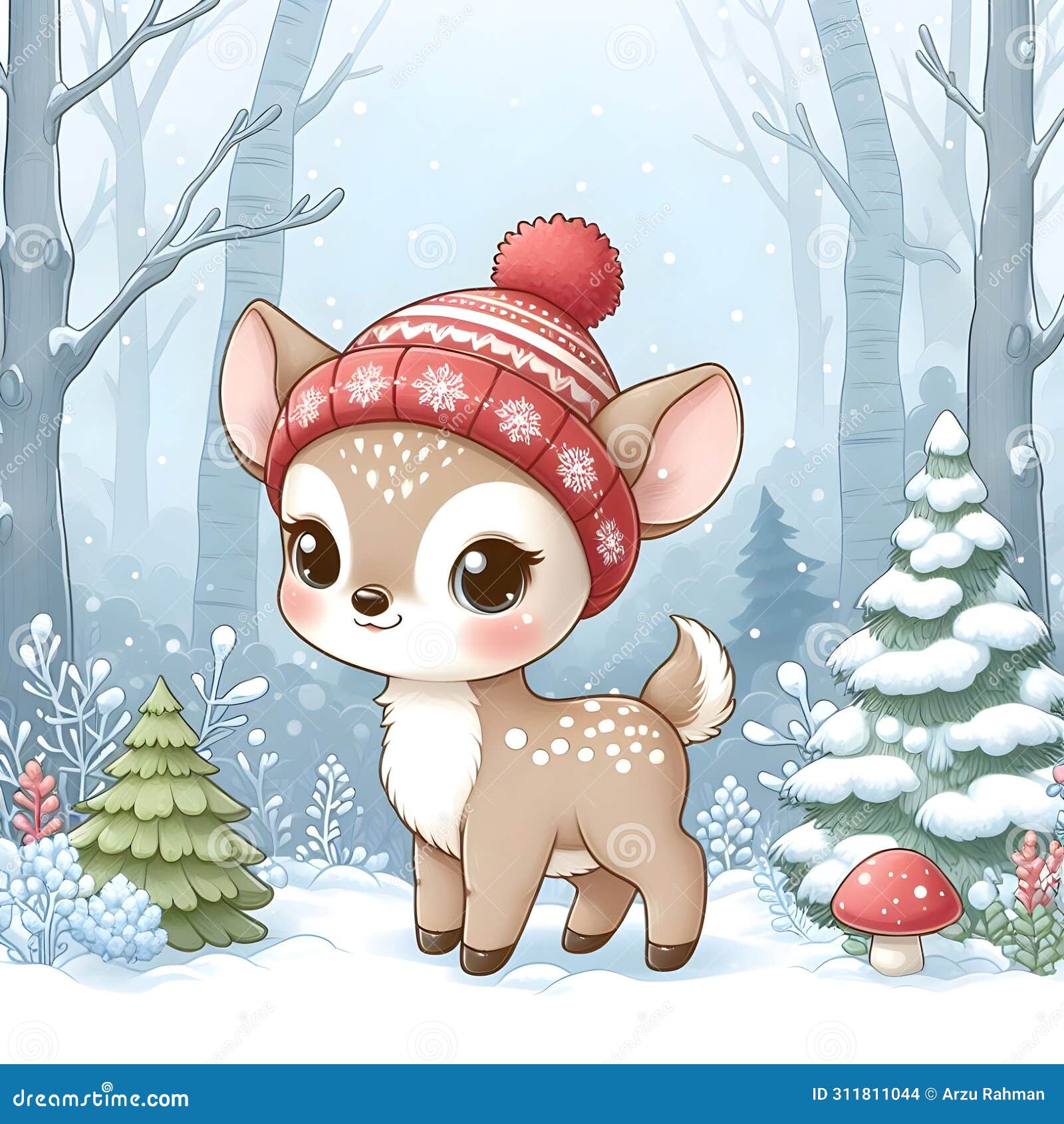 Cute Baby Deer in Winter Forest Stock Illustration - Illustration of ...