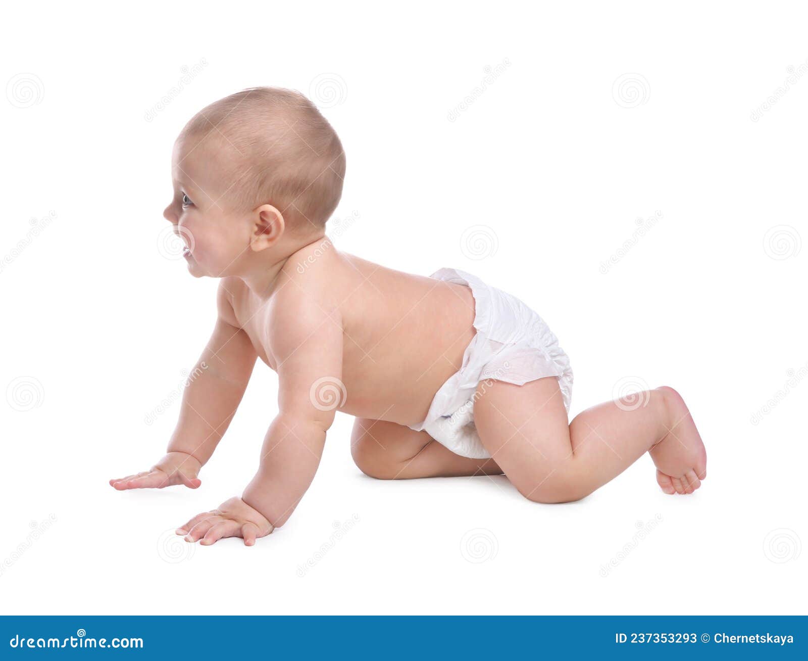 Cute Baby in Dry Soft Diaper Crawling on White Background Stock Image ...