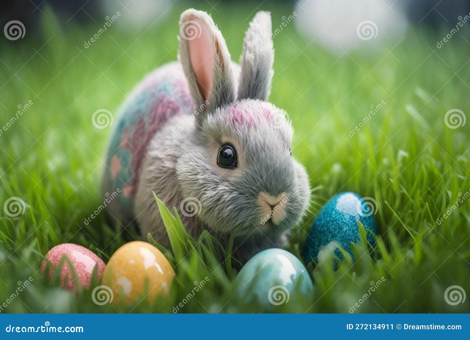 Cute Baby Easter Bunny Sitting with Shining Easter Egg in the Grass ...