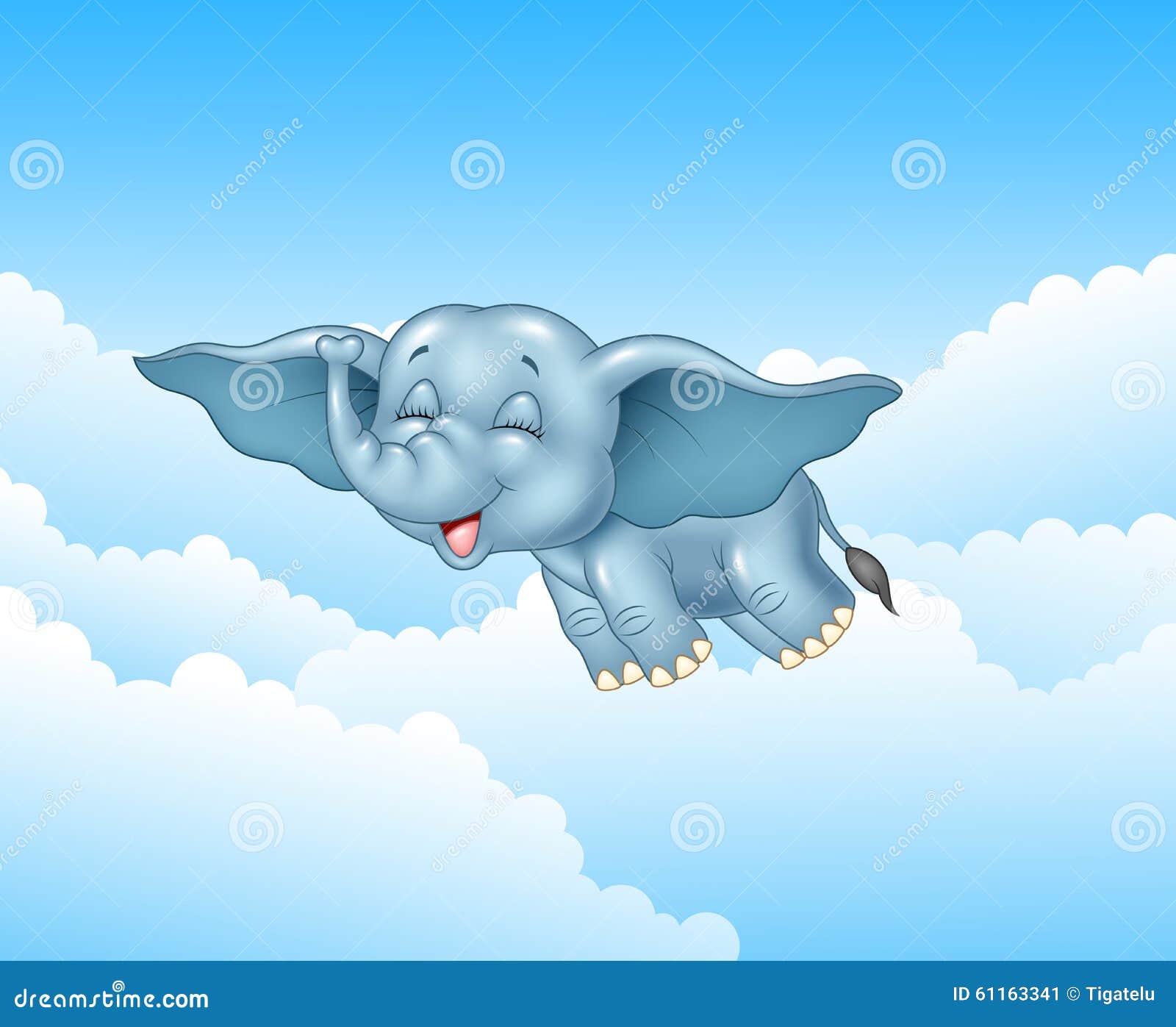 Cute Baby Elephant Flying On Cloud Background Cartoon Vector ...