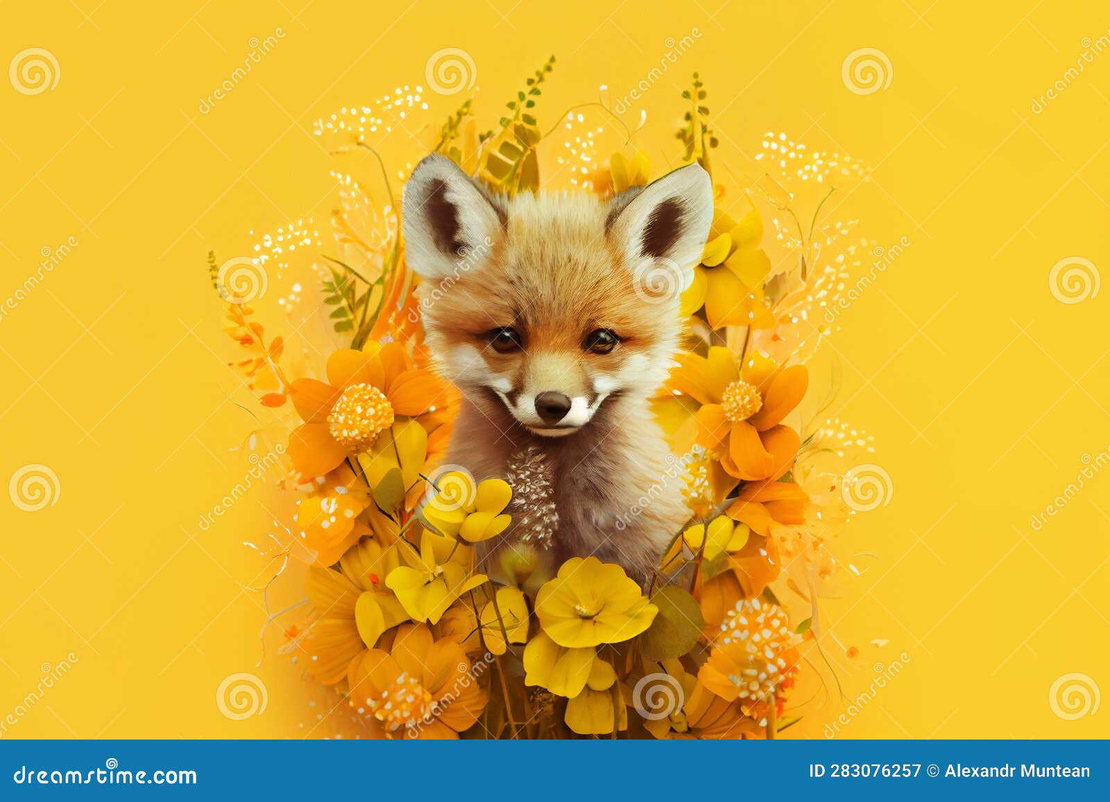Cute Baby Fox with Spring Flowers. Stock Illustration - Illustration of ...