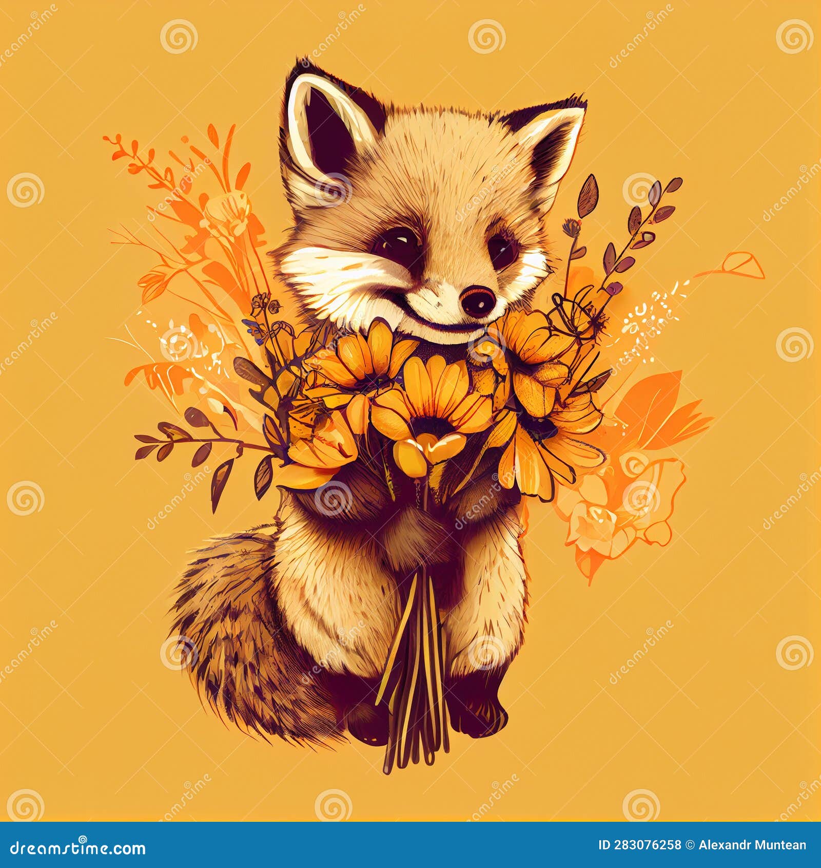 Cute Baby Fox with Spring Flowers. Stock Illustration - Illustration of ...