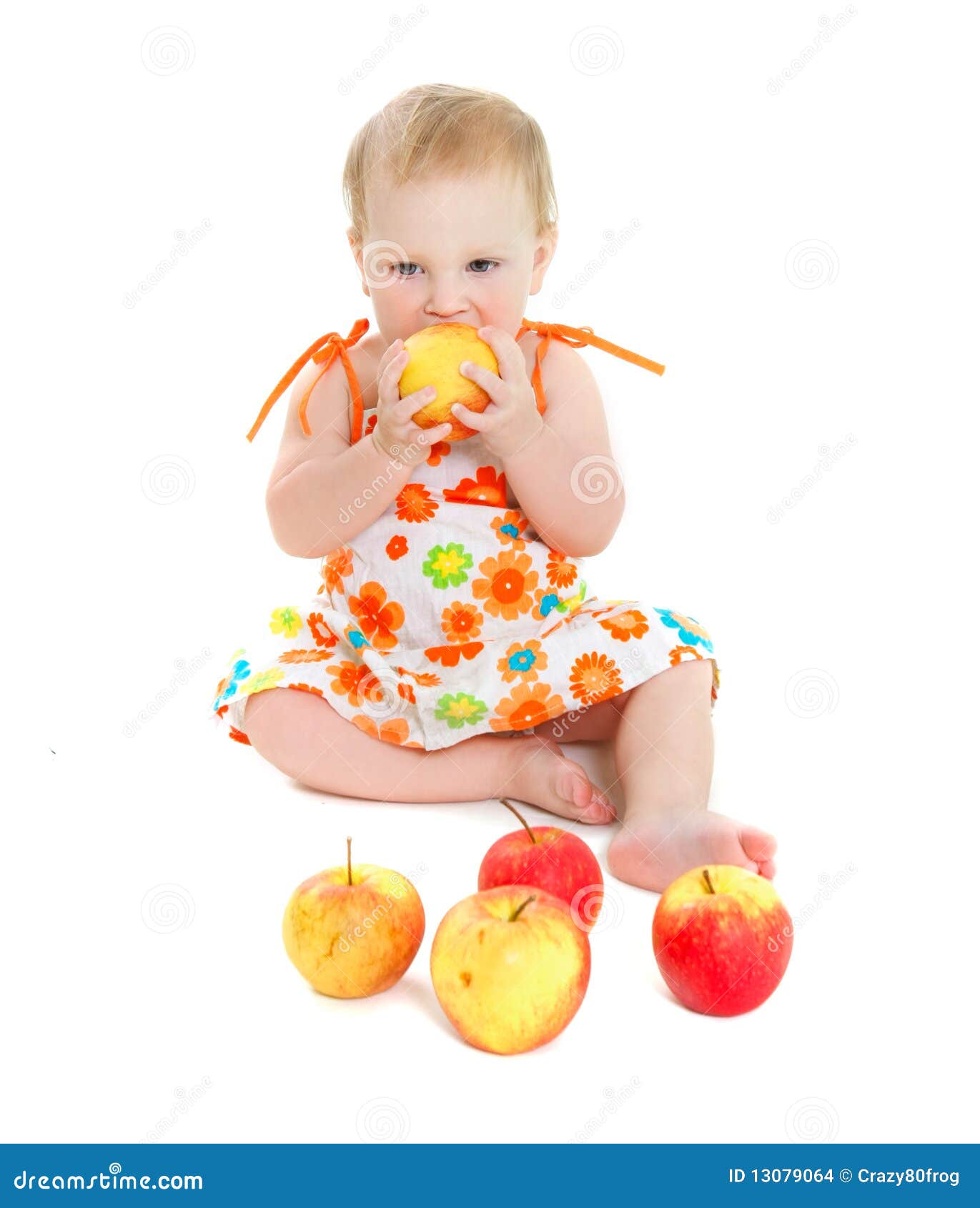 Cute baby girl with apples stock photo. Image of months - 13079064