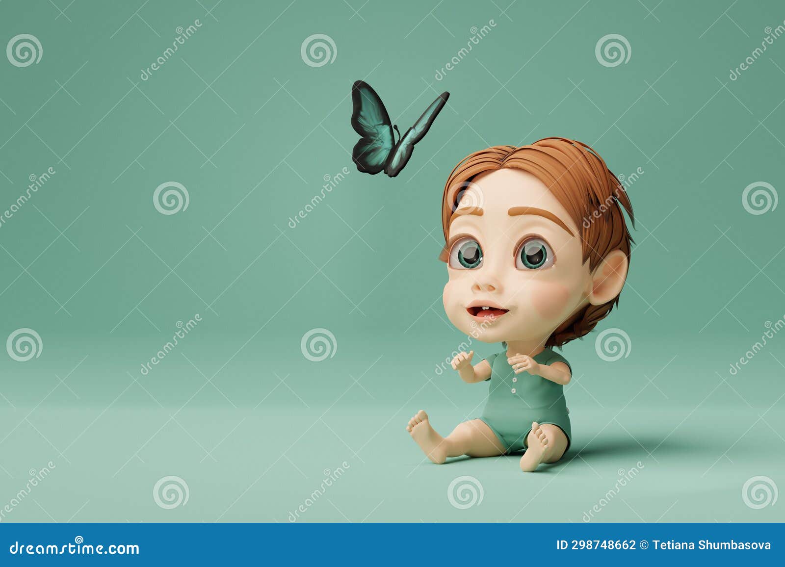Cute Baby Girl Catching Butterfly. 3d Render Stock Illustration ...