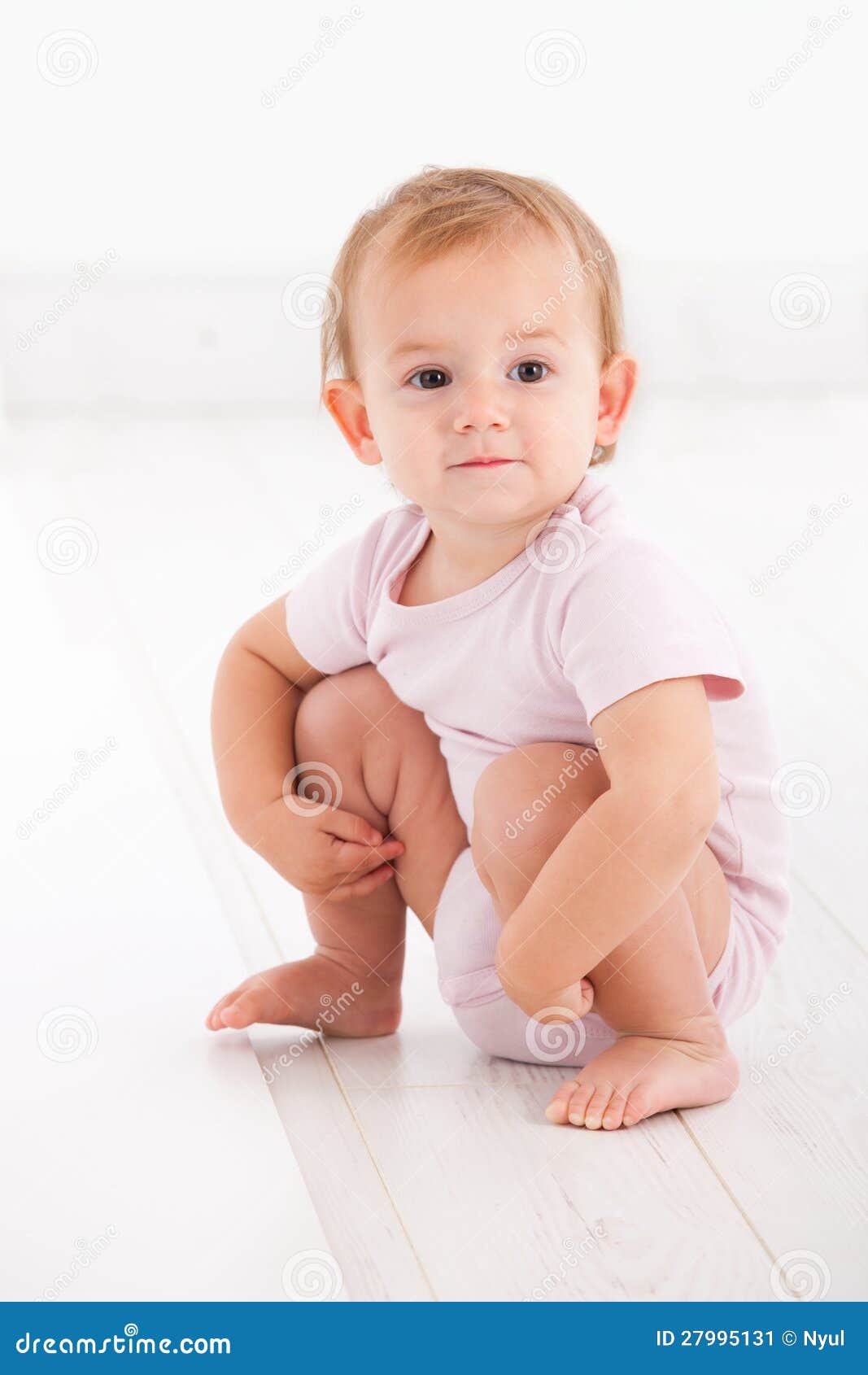 Cute Baby Girl Crouching on Floor Stock Image - Image of away, girl ...