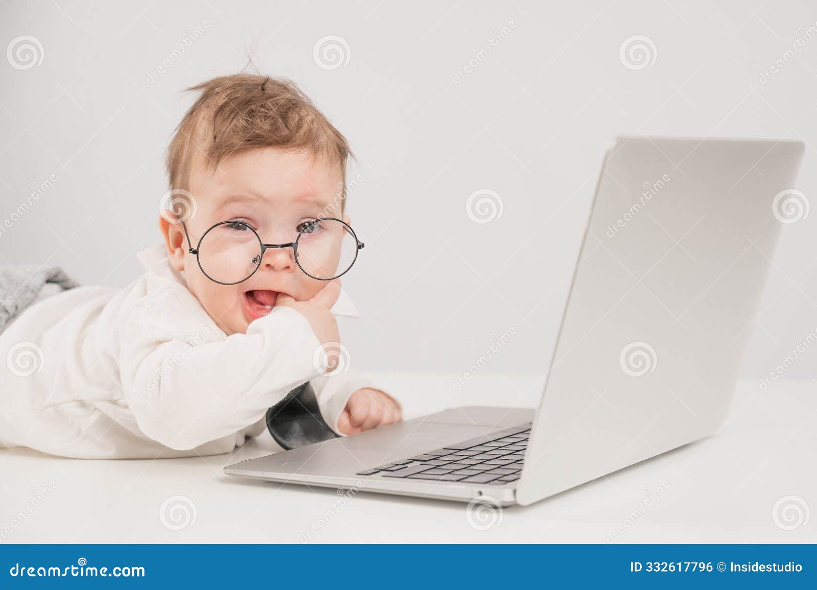Cute Baby in Glasses and Suit Working on Laptop. Stock Photo - Image of ...