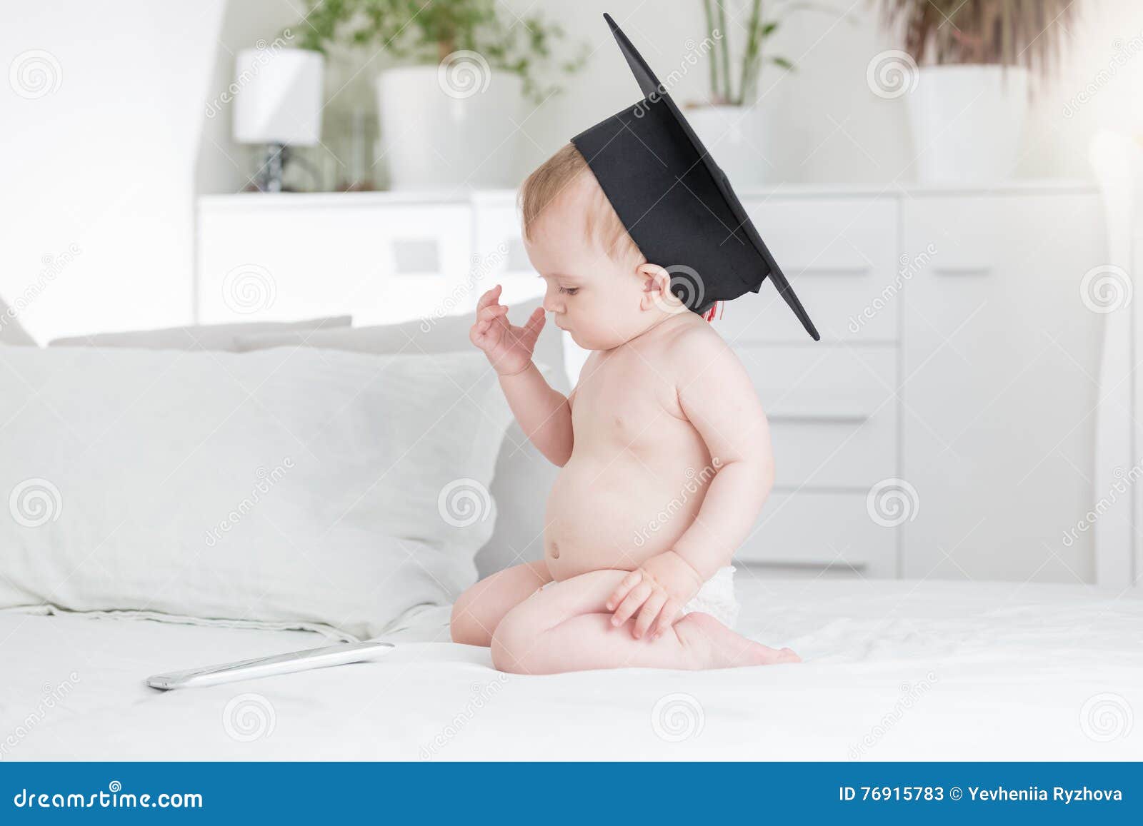 Cute Baby in Graduation Cap Looking at Digital Tablet Stock Image ...