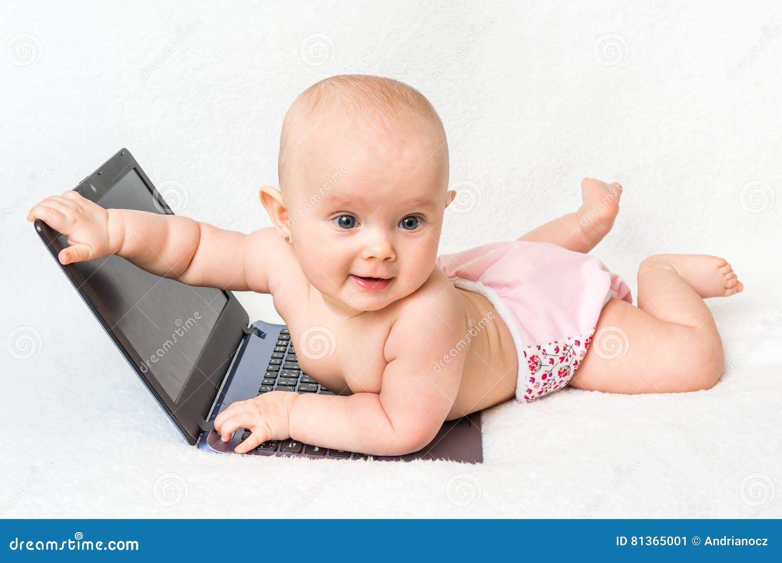 Cute Baby with Laptop Computer Stock Image - Image of diaper, laptop ...