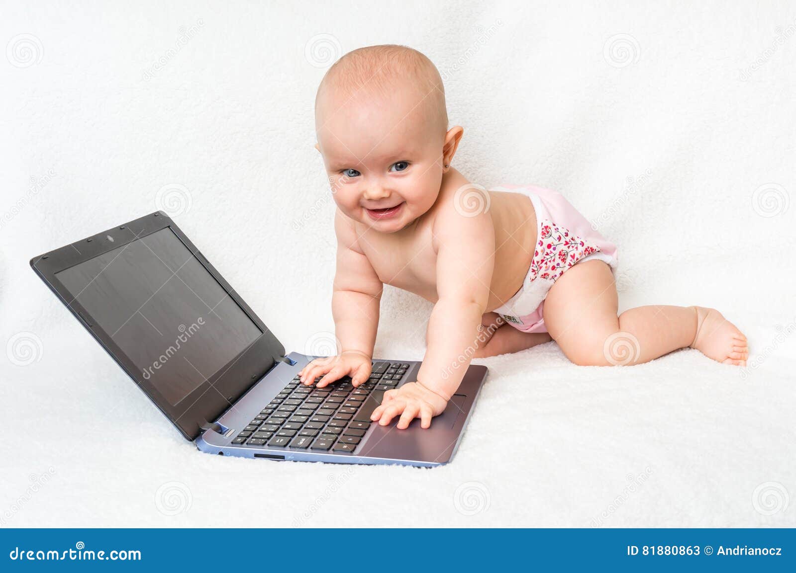 Cute Baby with Laptop Computer Stock Image - Image of girl, background ...