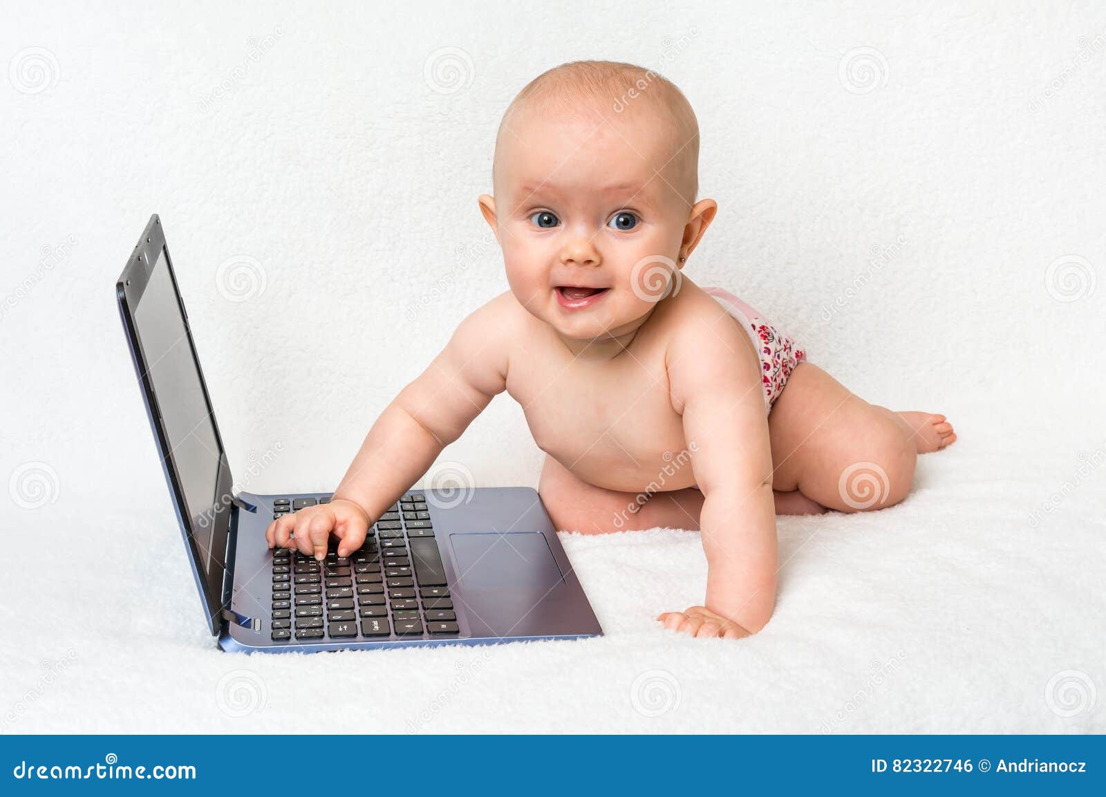 Cute Baby with Laptop Computer Stock Photo - Image of child, happy ...