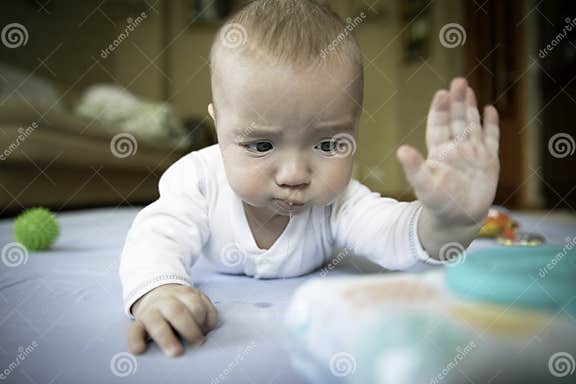 Cute Baby Lies Tummy Bright Room House Interacting Different Object ... Cute Baby Lies Tummy Bright Room House Interacting Different Object ...