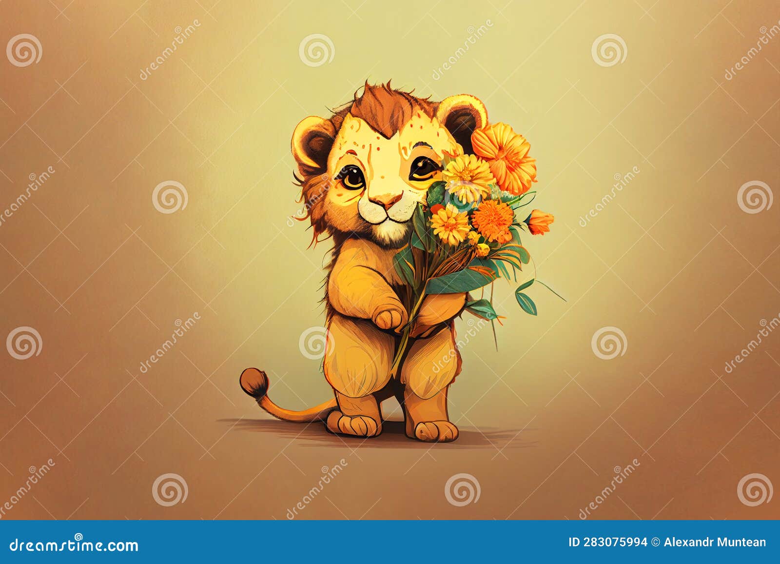 Cute Baby Lion with Spring Flowers. Stock Illustration - Illustration ...
