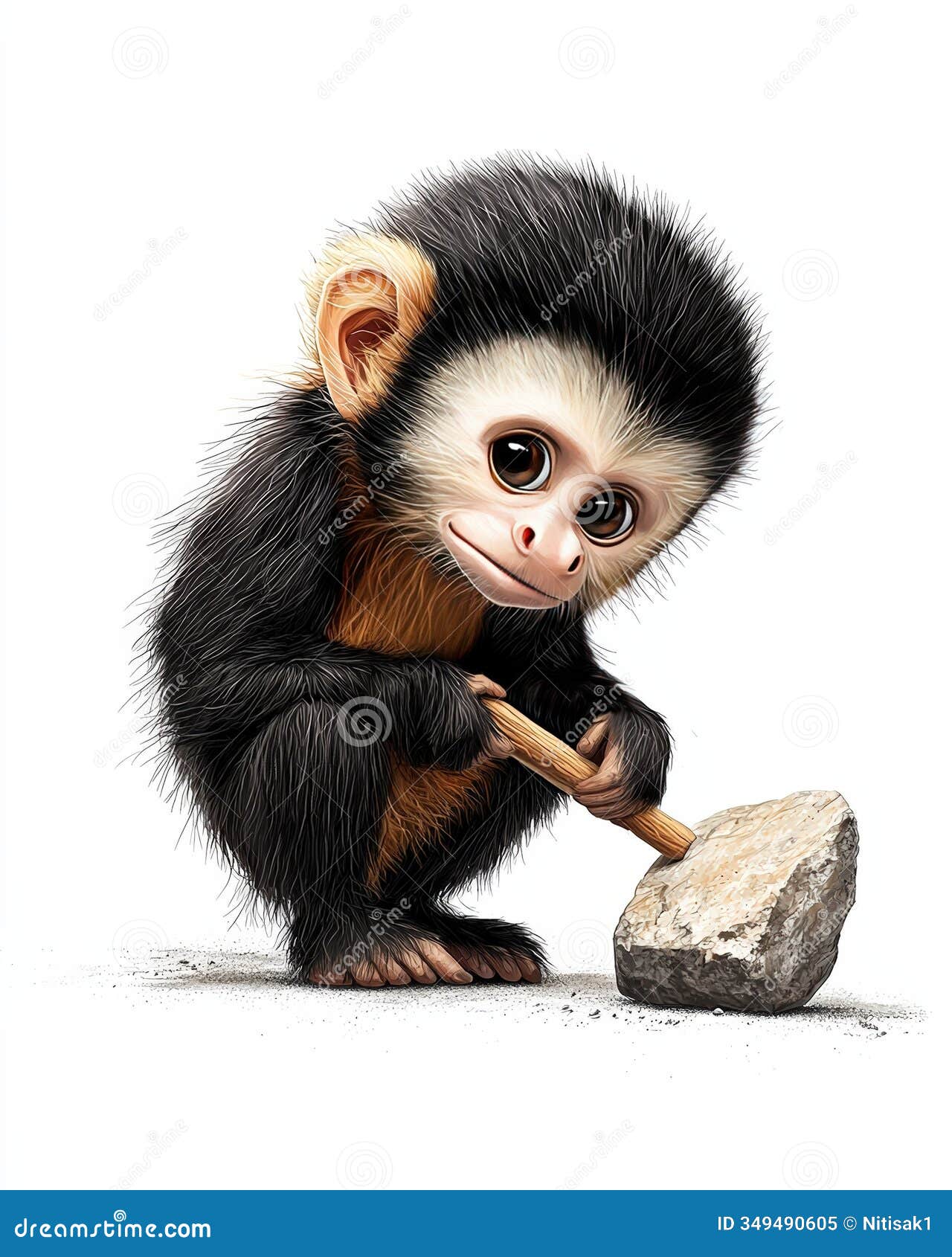 A Cute Baby Monkey Playfully Using a Small Hammer on a Rock Showcasing ...