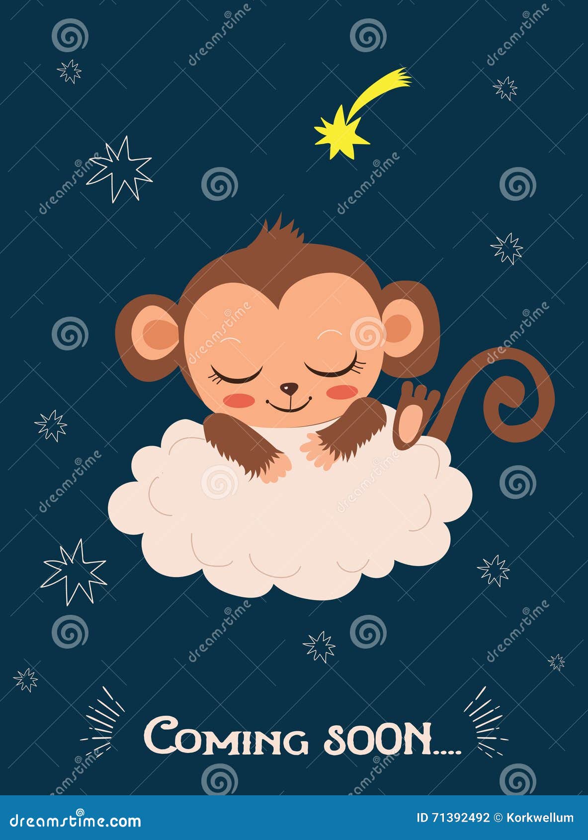 Cute Baby Monkey Sleeping on a Cloud. Cartoon Vector Card. Monkey ...