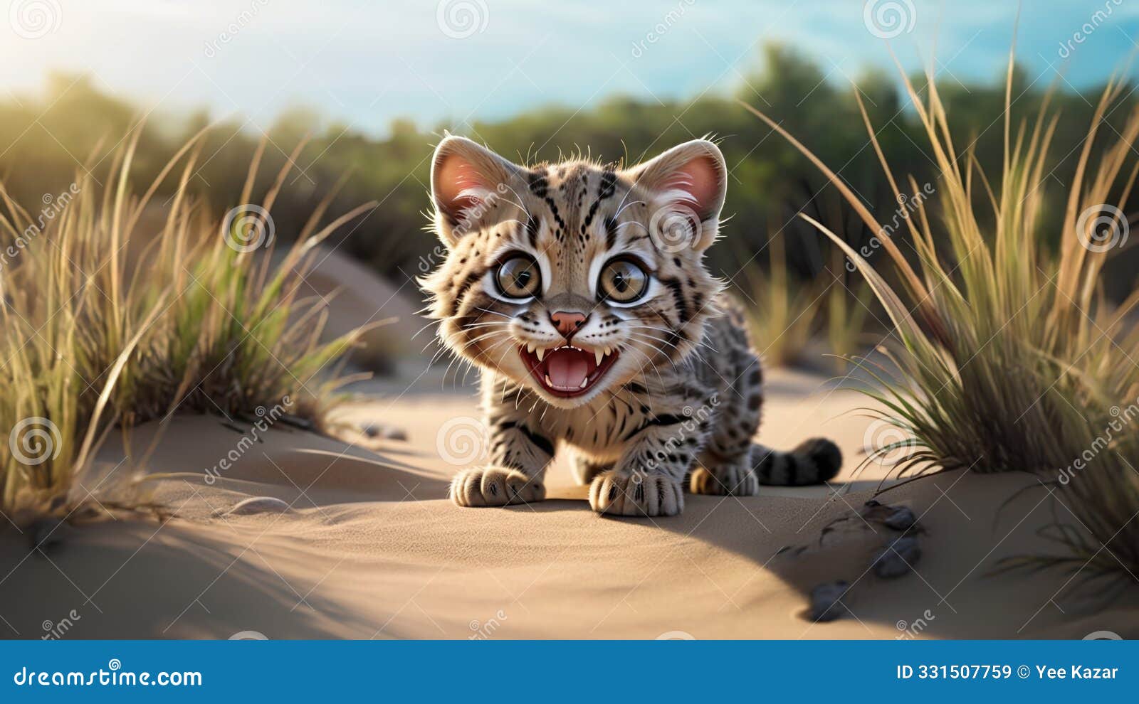 Cute Baby Ocelot Kitten in the Desert. Stock Illustration ...