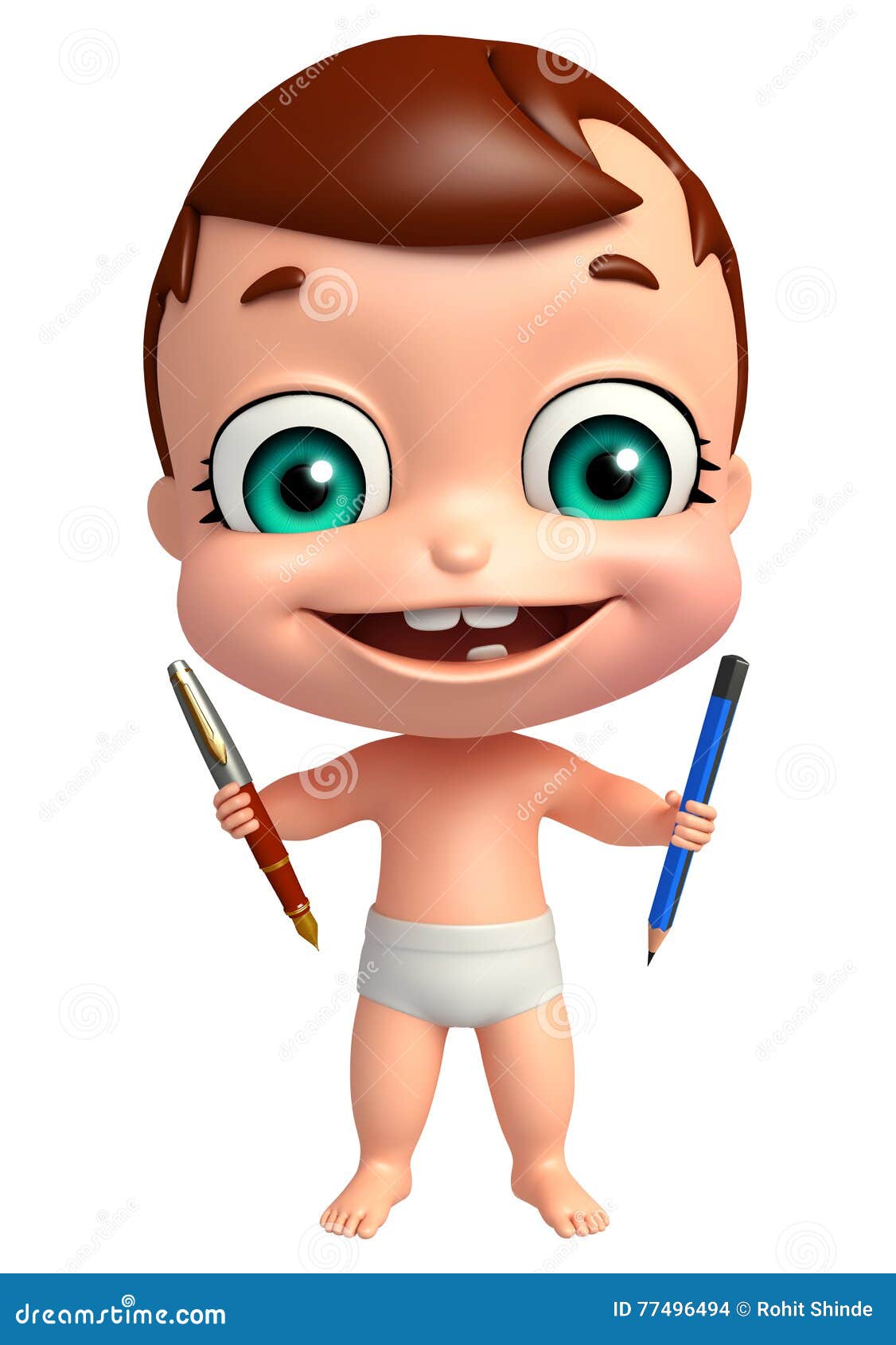 Cute Baby with Pen and Pencil Stock Illustration - Illustration of ...