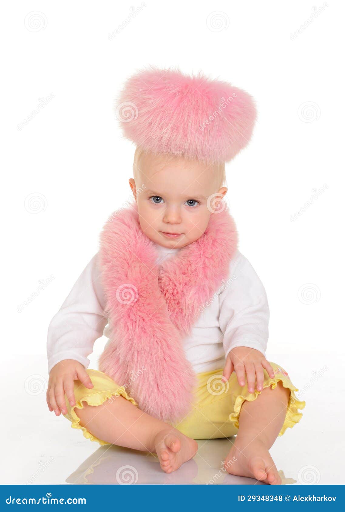 Cute Baby in Pink Fur Sitting on White Background Stock Photo - Image ...
