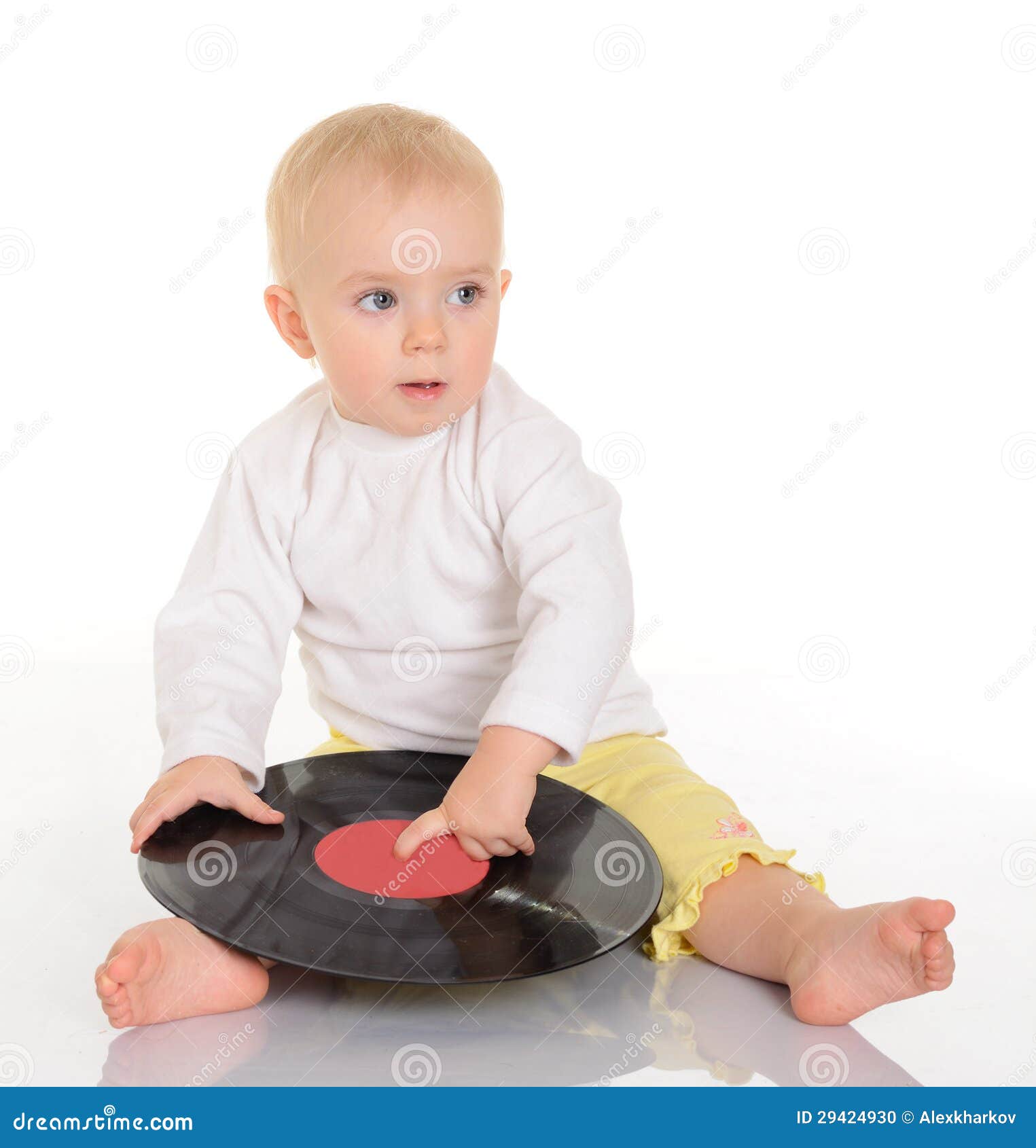 Cute Baby Playing with Old Vinyl Record on White Background Stock Photo ...
