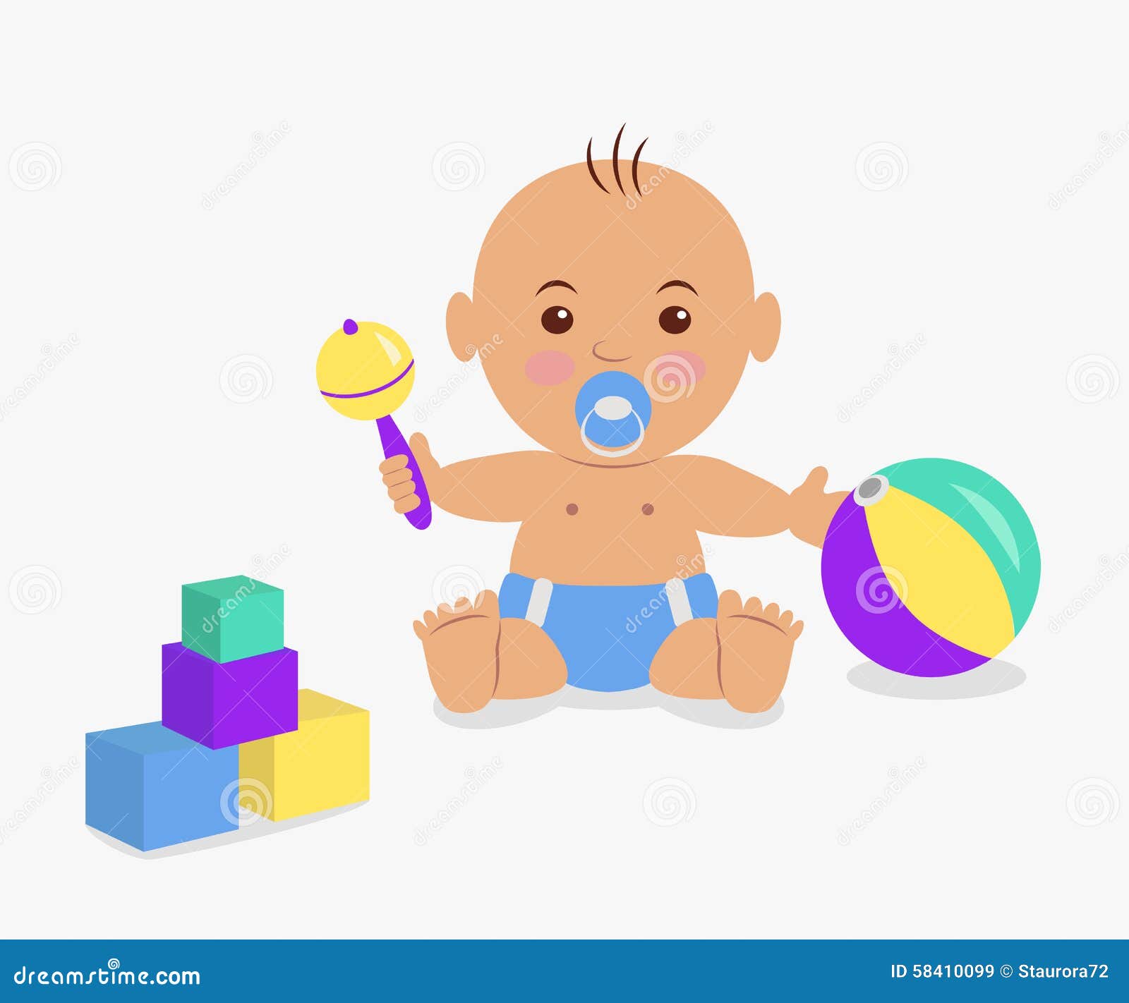 Cute Baby Playing with a Rattle and Cubes. Stock Vector - Illustration ...