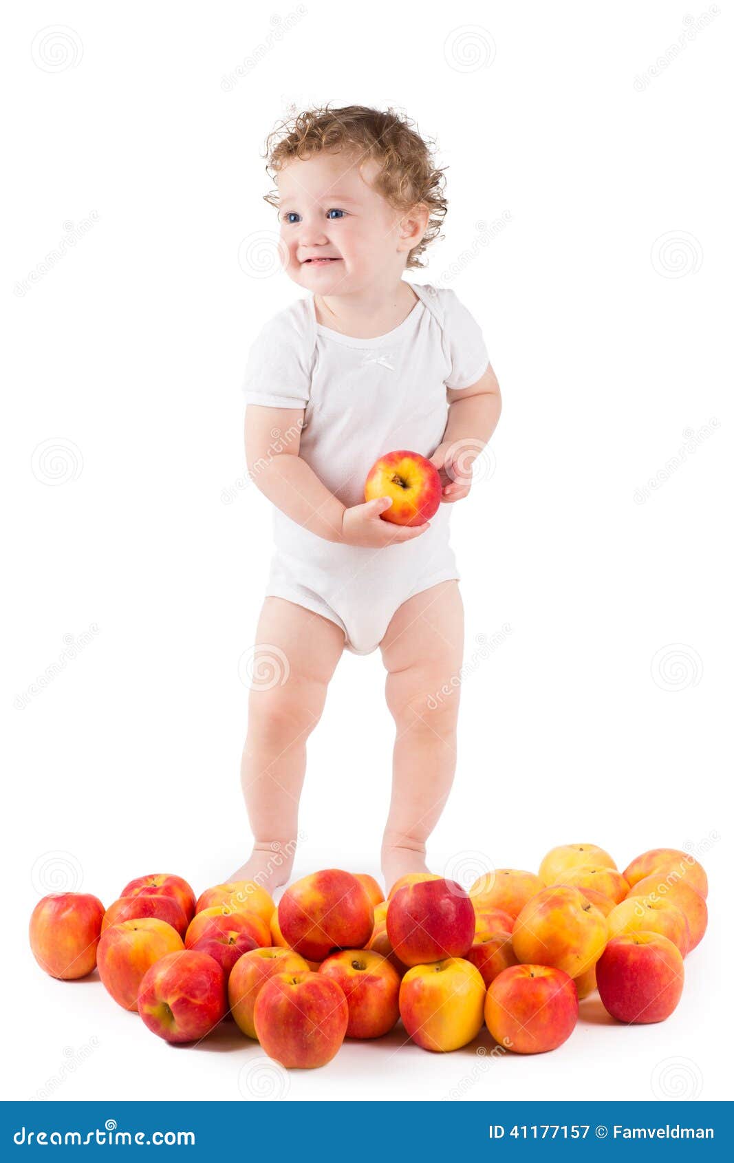 Cute Baby Playing with Red Apples, Standing Stock Image - Image of ...