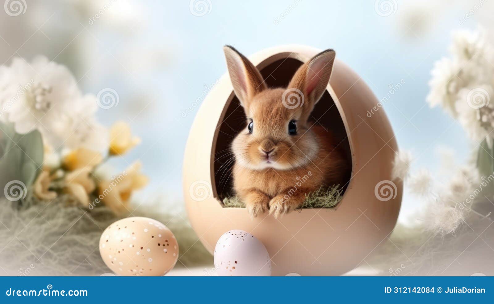 Cute Baby Rabbit Peeking Out of a Cracked Easter Egg on a White ...
