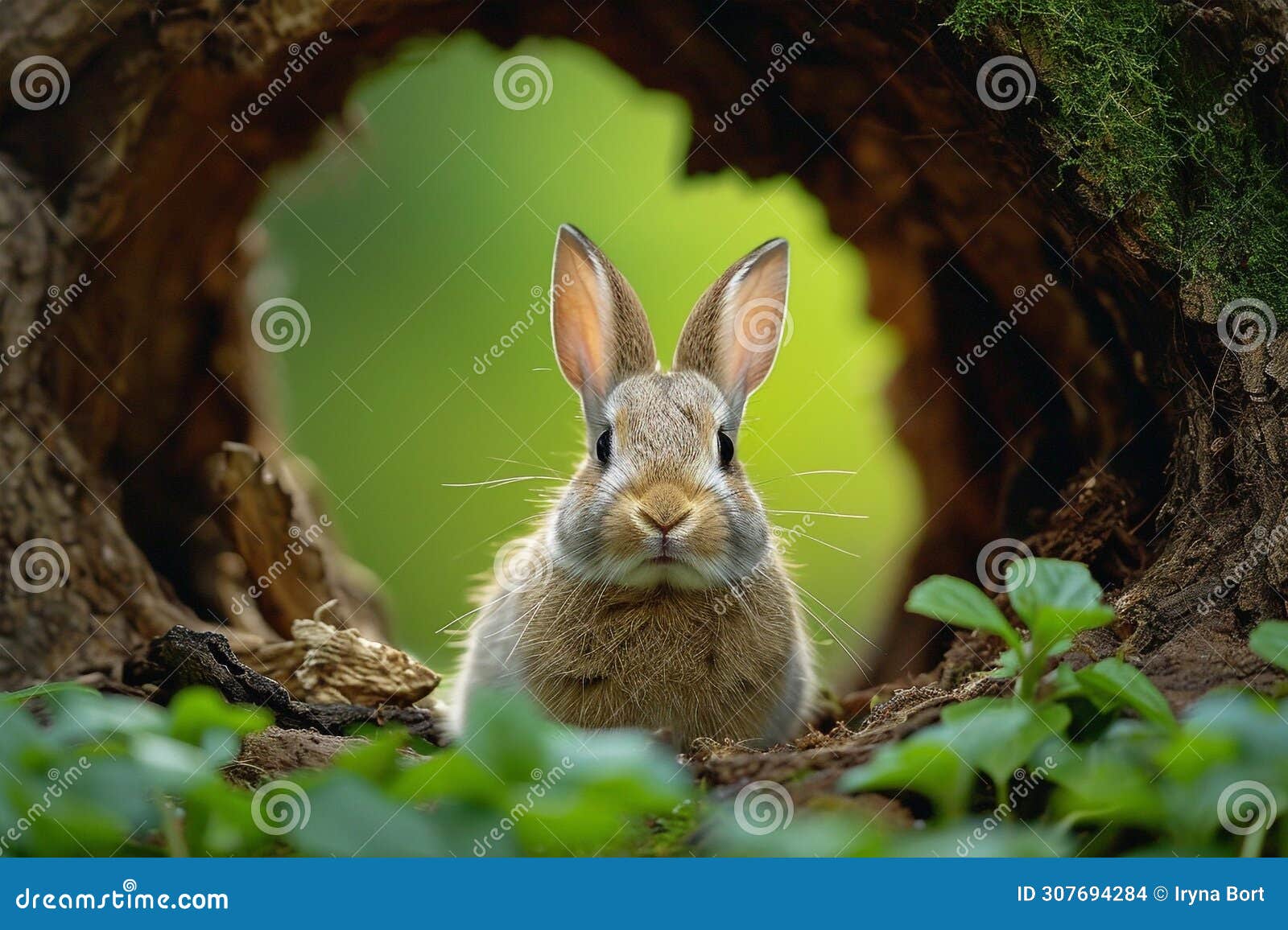 Cute Baby Rabbit Peeping from Stump in Spring Forest Stock Illustration ...