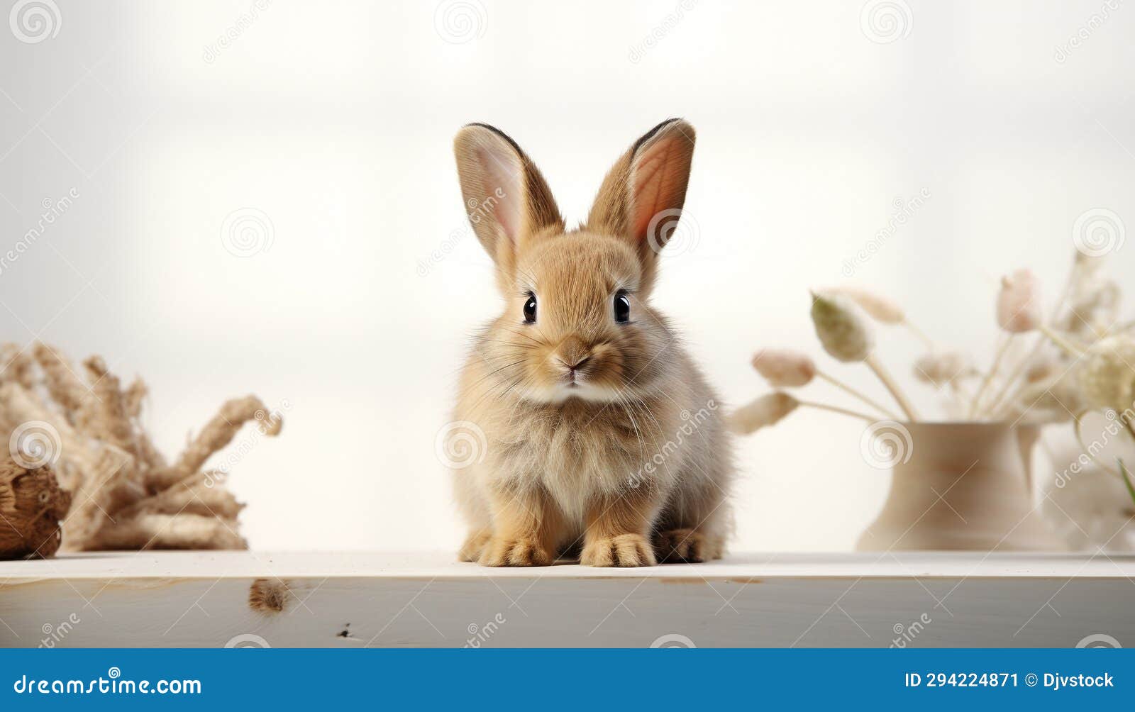 Cute Baby Rabbit Sitting on Wood, Looking at Camera Outdoors Generated ...