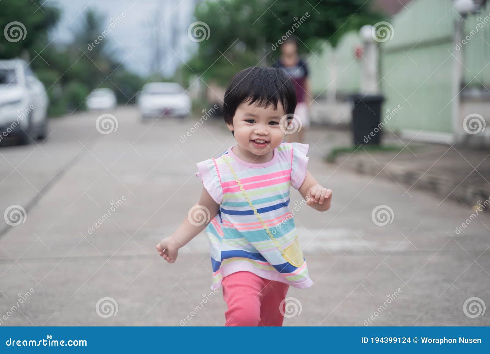 Cute Baby Running on the Road Stock Photo - Image of exercise ...