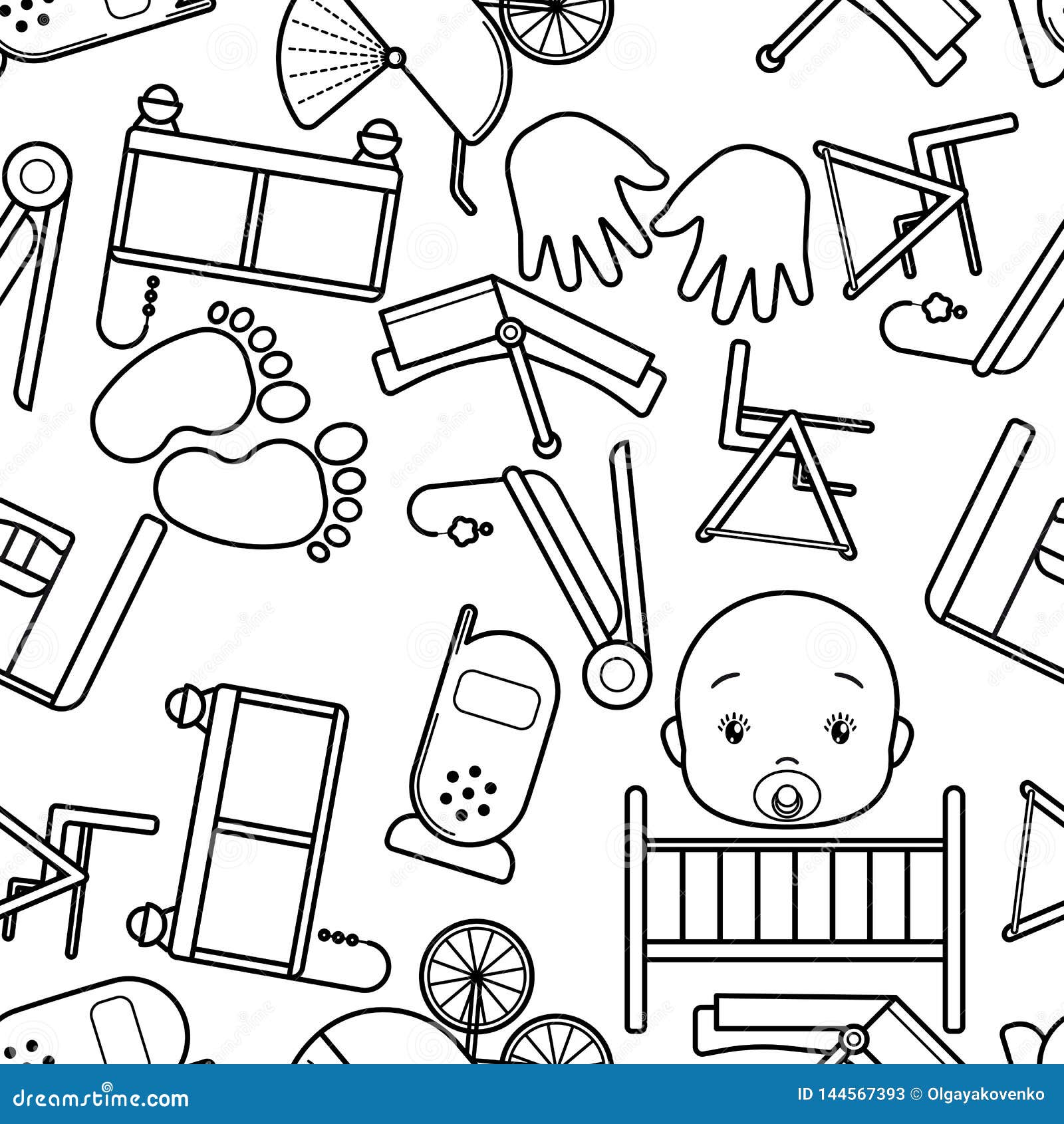 Cute Baby Seamless Pattern, Isolated Line Art Decoration Background ...