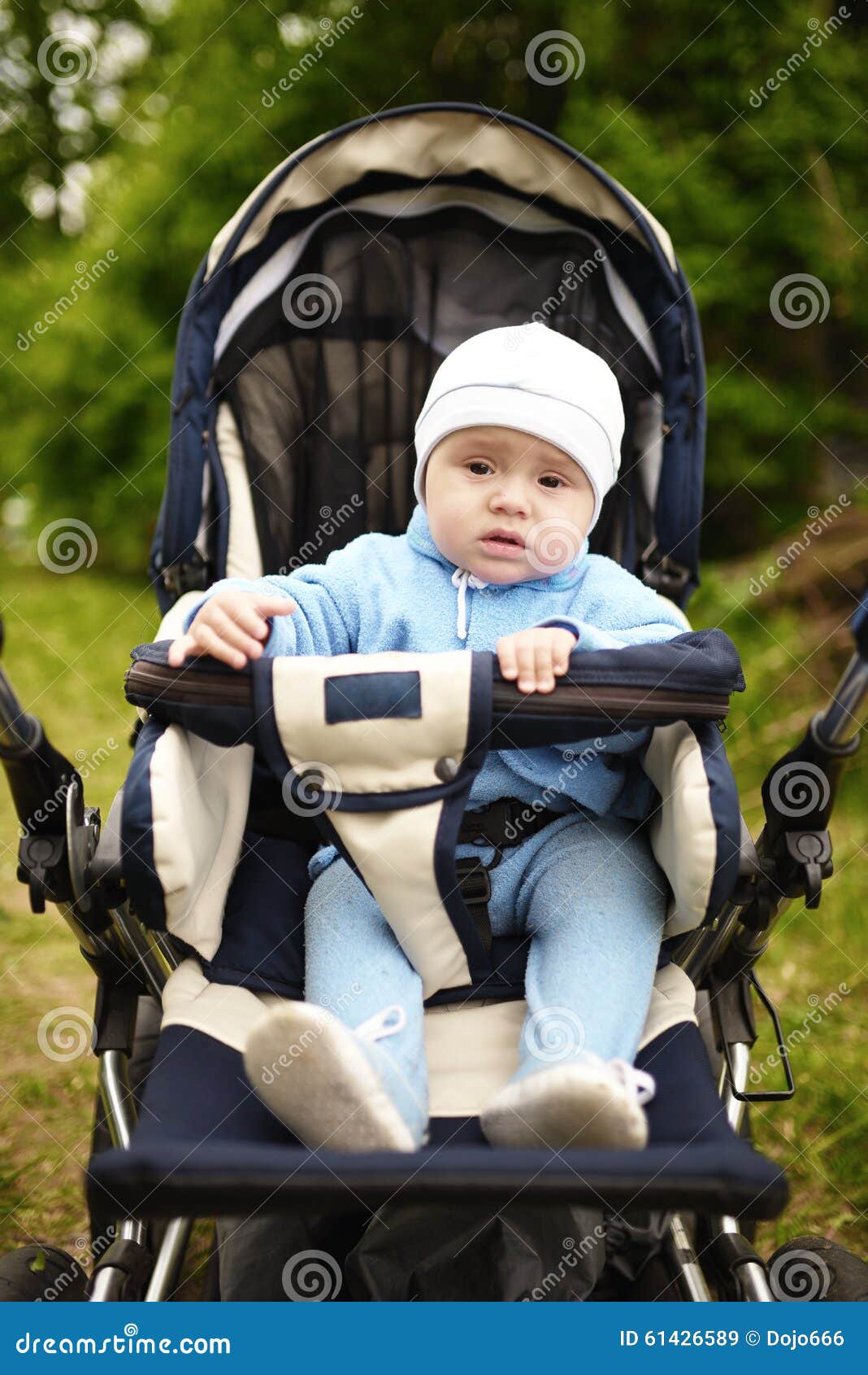 Cute Baby Sitting in Stroller on Nature Stock Image - Image of emotion ...
