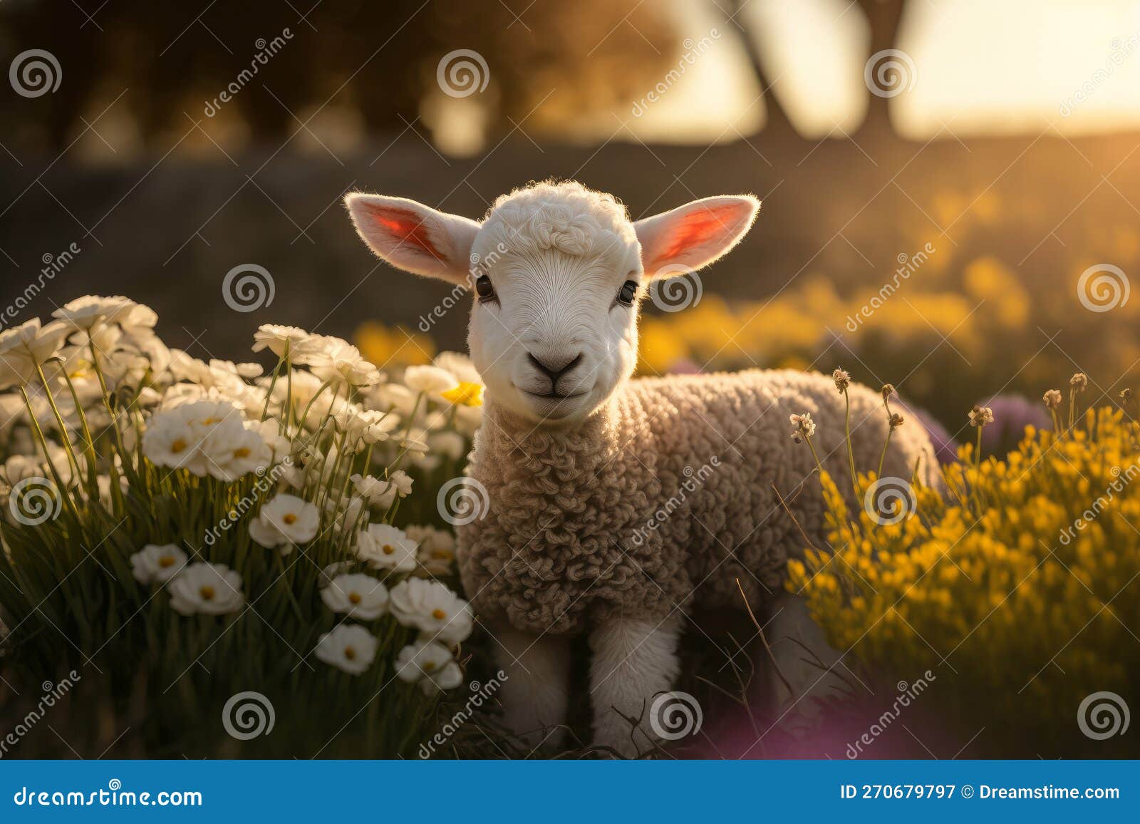 A Cute Baby Spring Lamb in a Field of Spring Flowers. Generative Ai ...